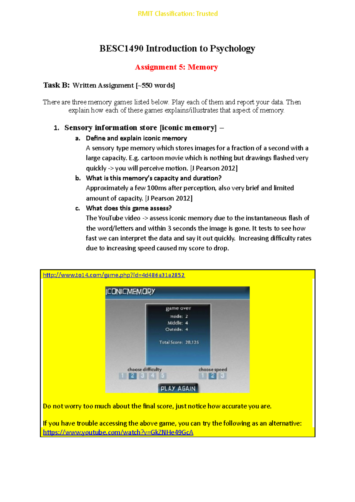 Memory assignment 5 2020 - BESC1490 Introduction to Psychology ...