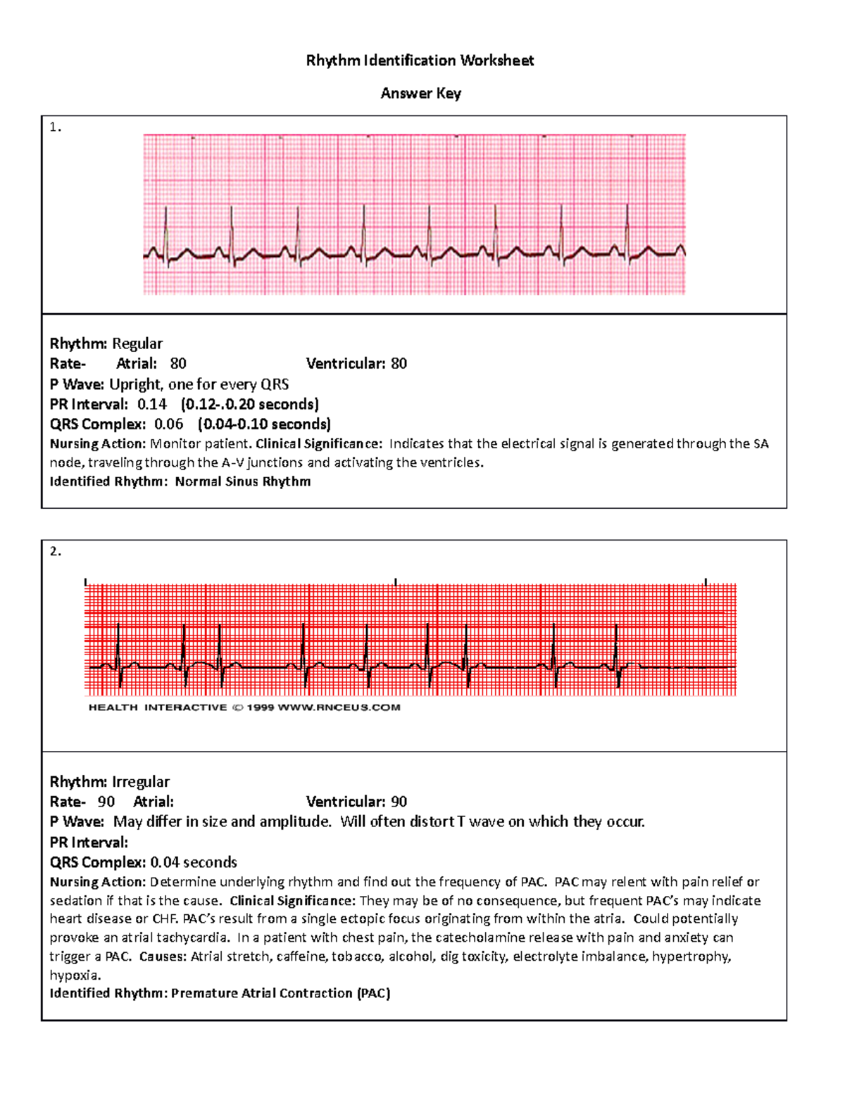 Answer Key for Rhythm Identification Worksheet: Nursing Actions ...