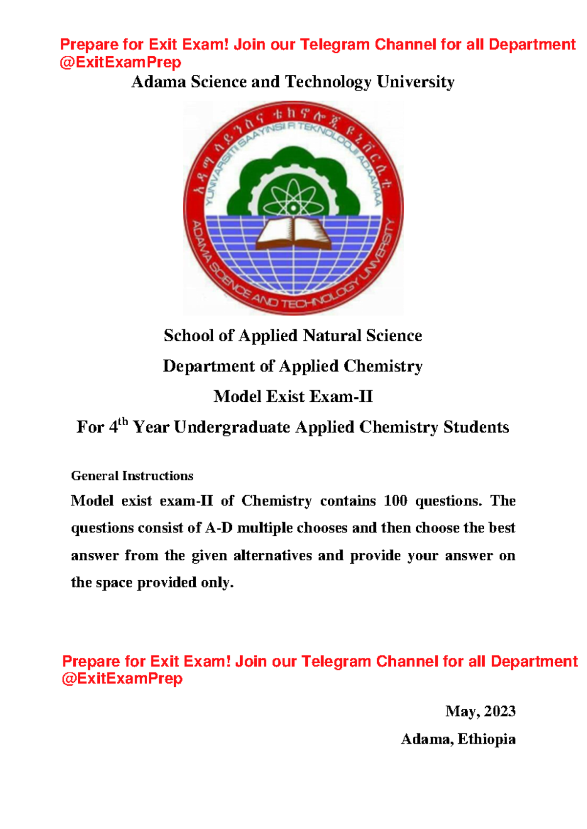 Model Exit Exam-II Preparation for ASTU Applied Chemistry Students - Studocu