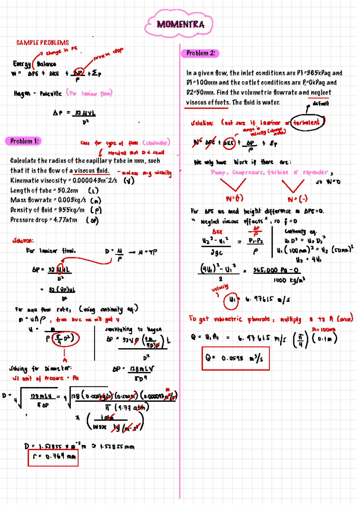 MOMENTRA 21 SAMPLE PROBLEMS: Fluid Mechanics and Energy Balance - Studocu