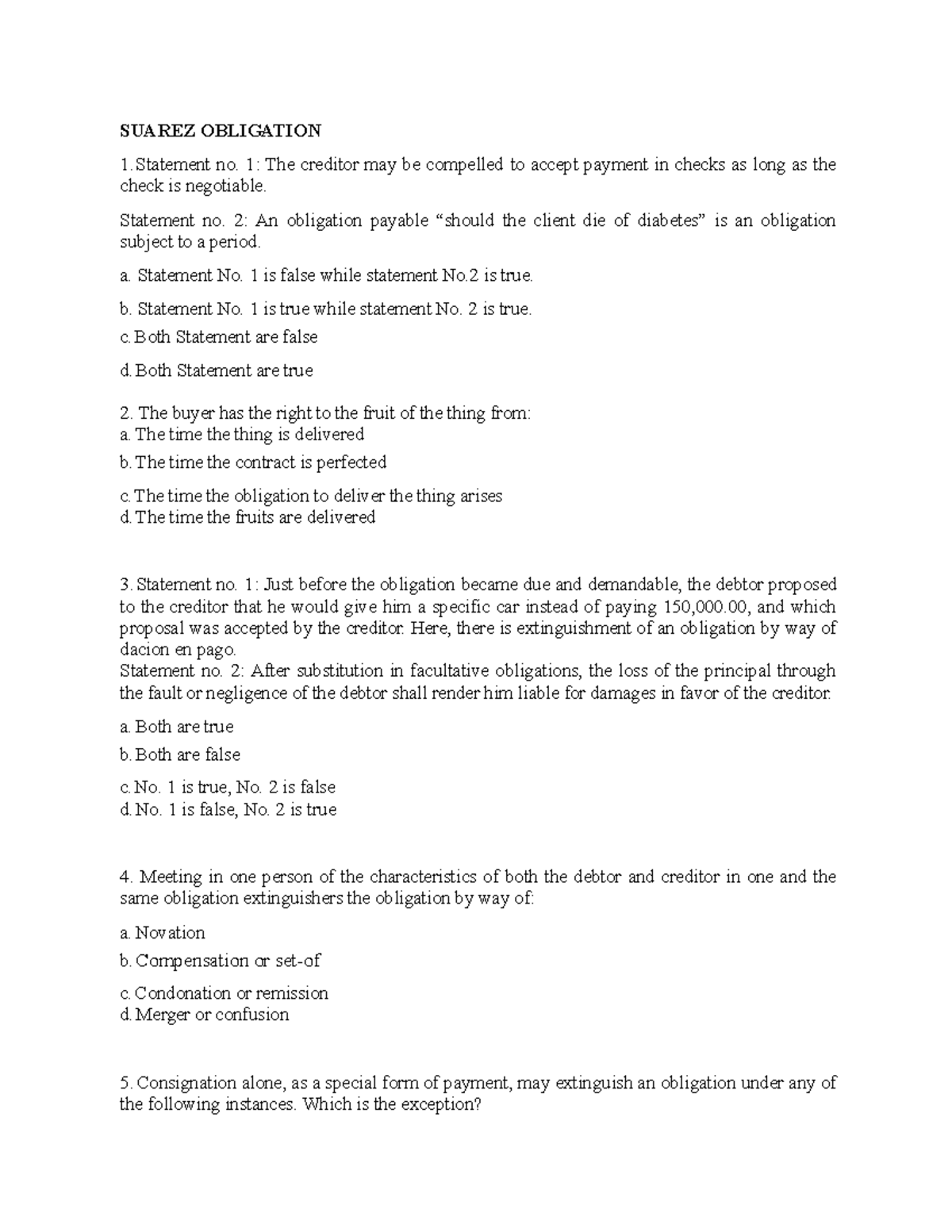 Law on Obligation - sample mcq - SUAREZ OBLIGATION 1 no. 1: The ...