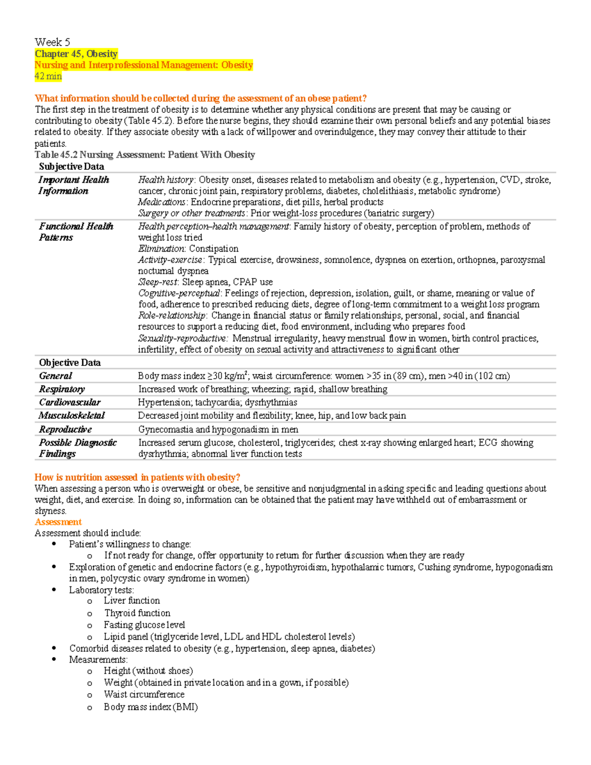 Week 5 Lecture Notes: Obesity Nursing Assessment & Management - Studocu