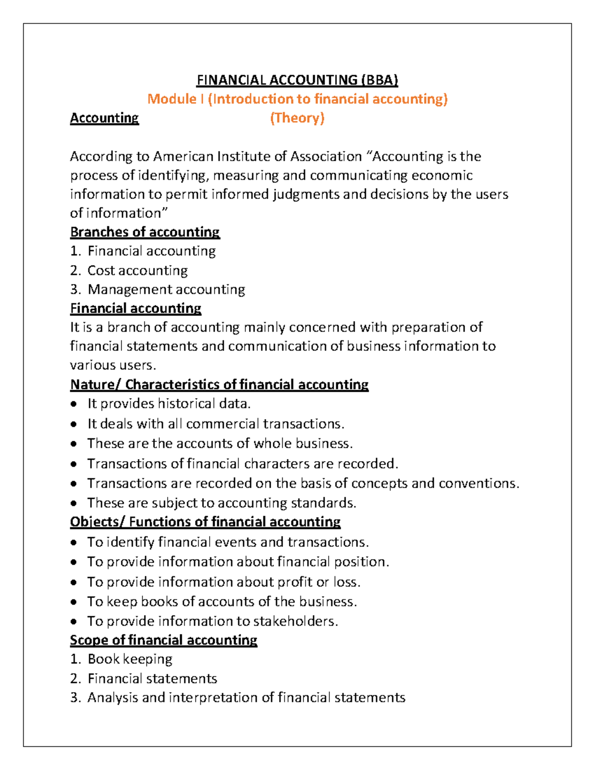 Accounting module 1 - Accounting FINANCIAL ACCOUNTING (BBA) Module I ...