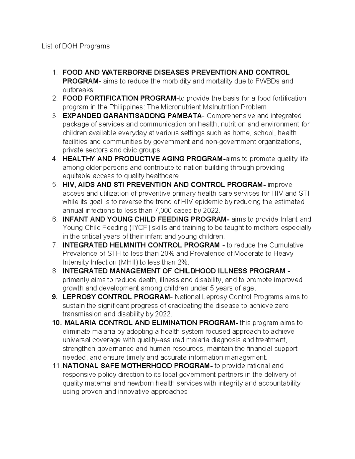 Comprehensive Overview of DOH Health Programs and Initiatives - Studocu
