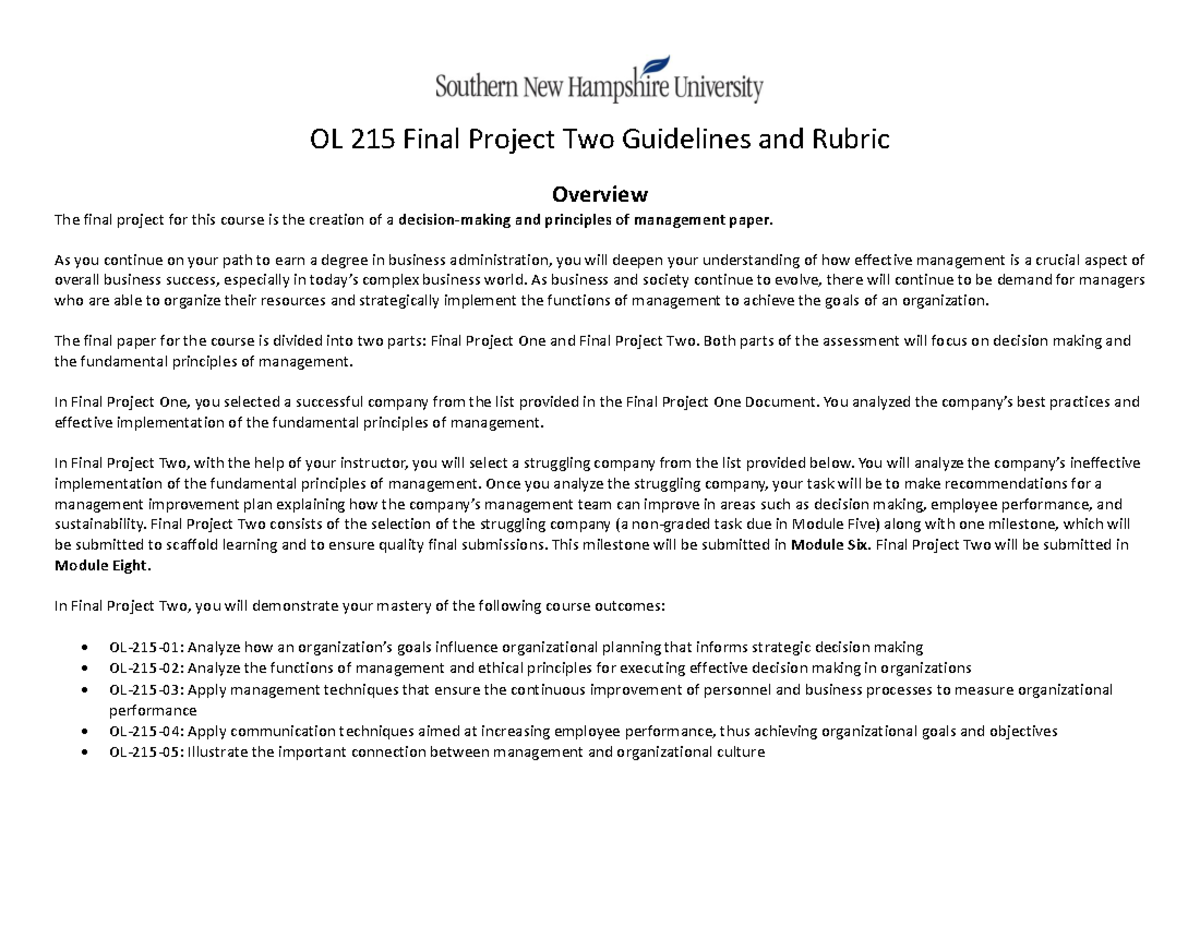 OL 215 Final Project Two: Management Improvement Plan Guidelines - Studocu