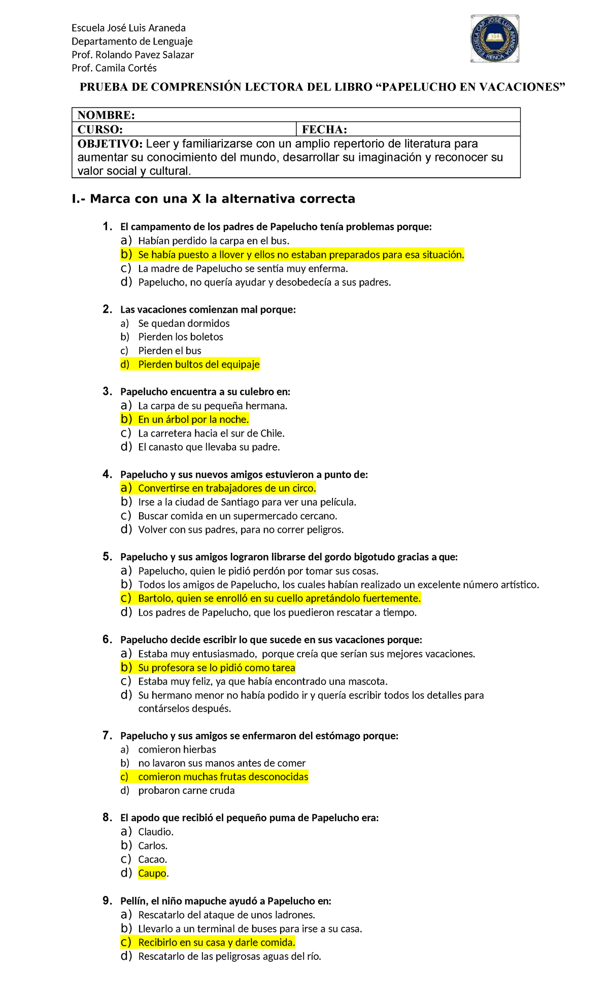 Prueba de Comprensión Lectora: Papelucho - Curso Lenguaje - Studocu