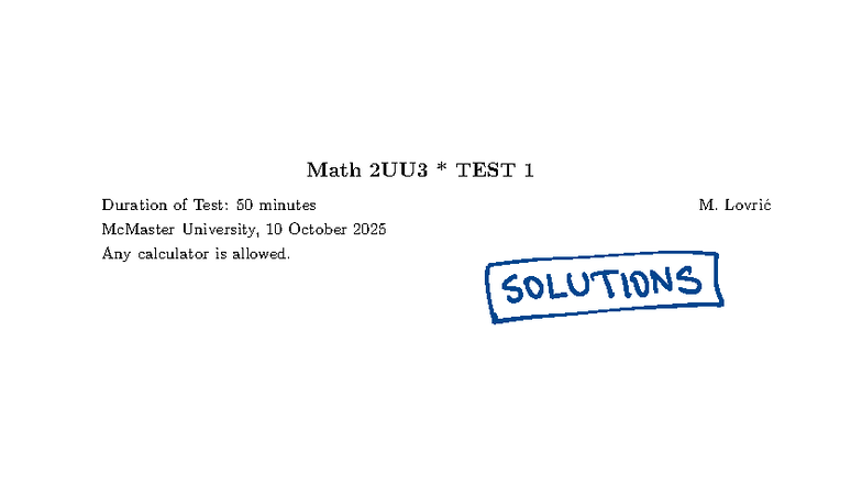 Math 2UU3 Test 1: Multiple Choice & Full Answer Questions - Fall 2025 ...