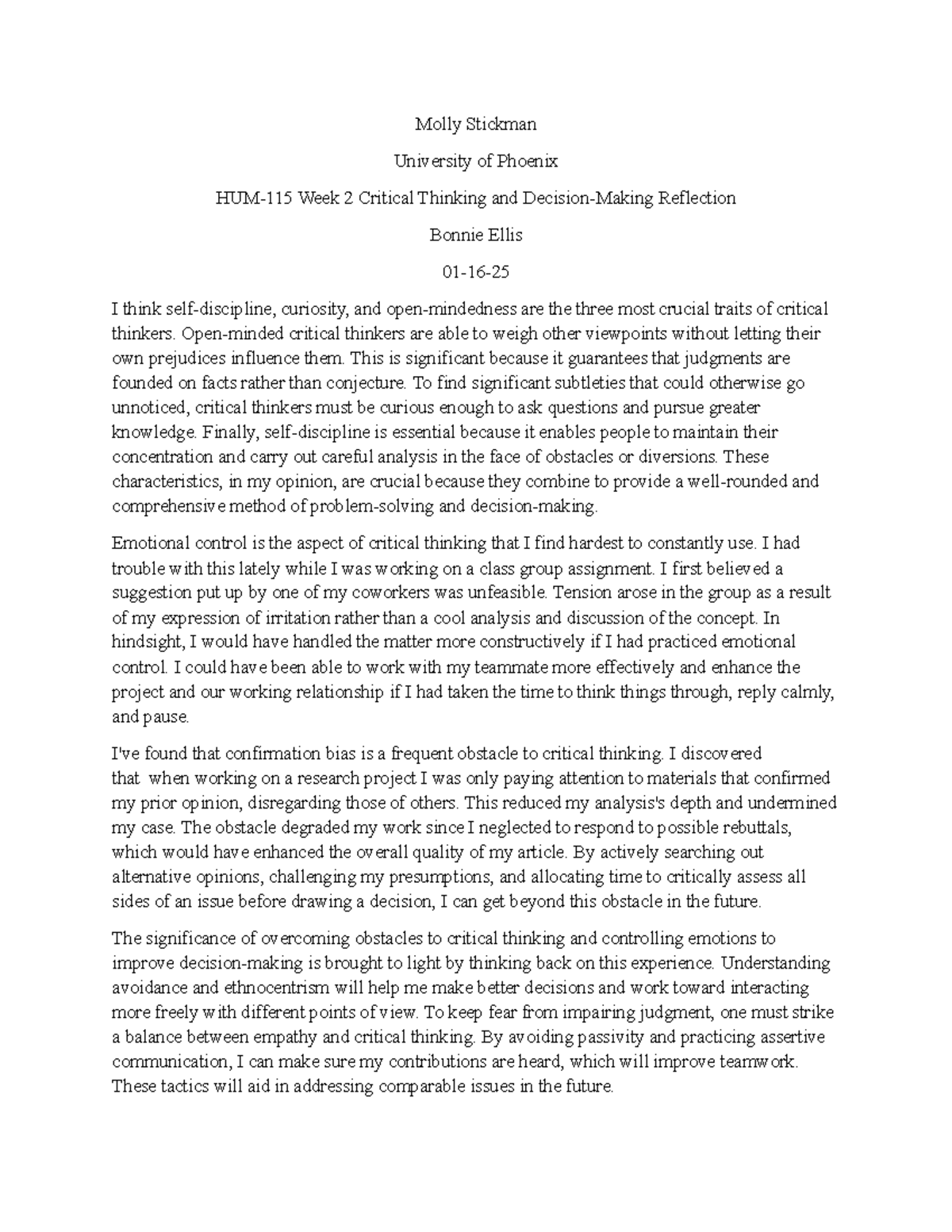 HUM-115 Week 2 Reflection: Navigating Critical Thinking Challenges ...