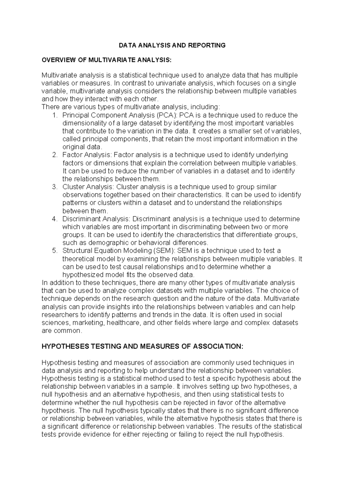 DATA ANALYSIS AND REPORTING: MULTIVARIATE ANALYSIS OVERVIEW - Studocu