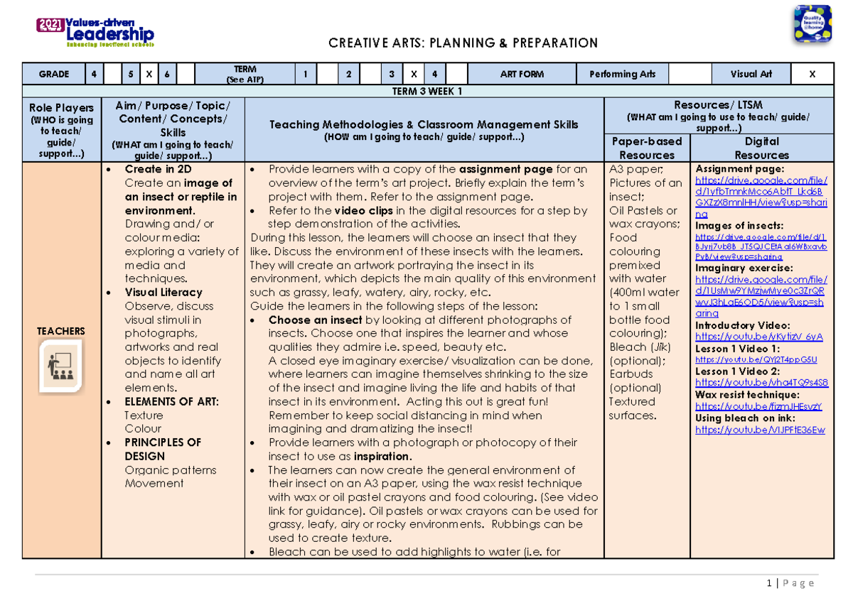 Grade 5 Creative Arts Visual Art Lesson Plan T3 W1 Insect Environment