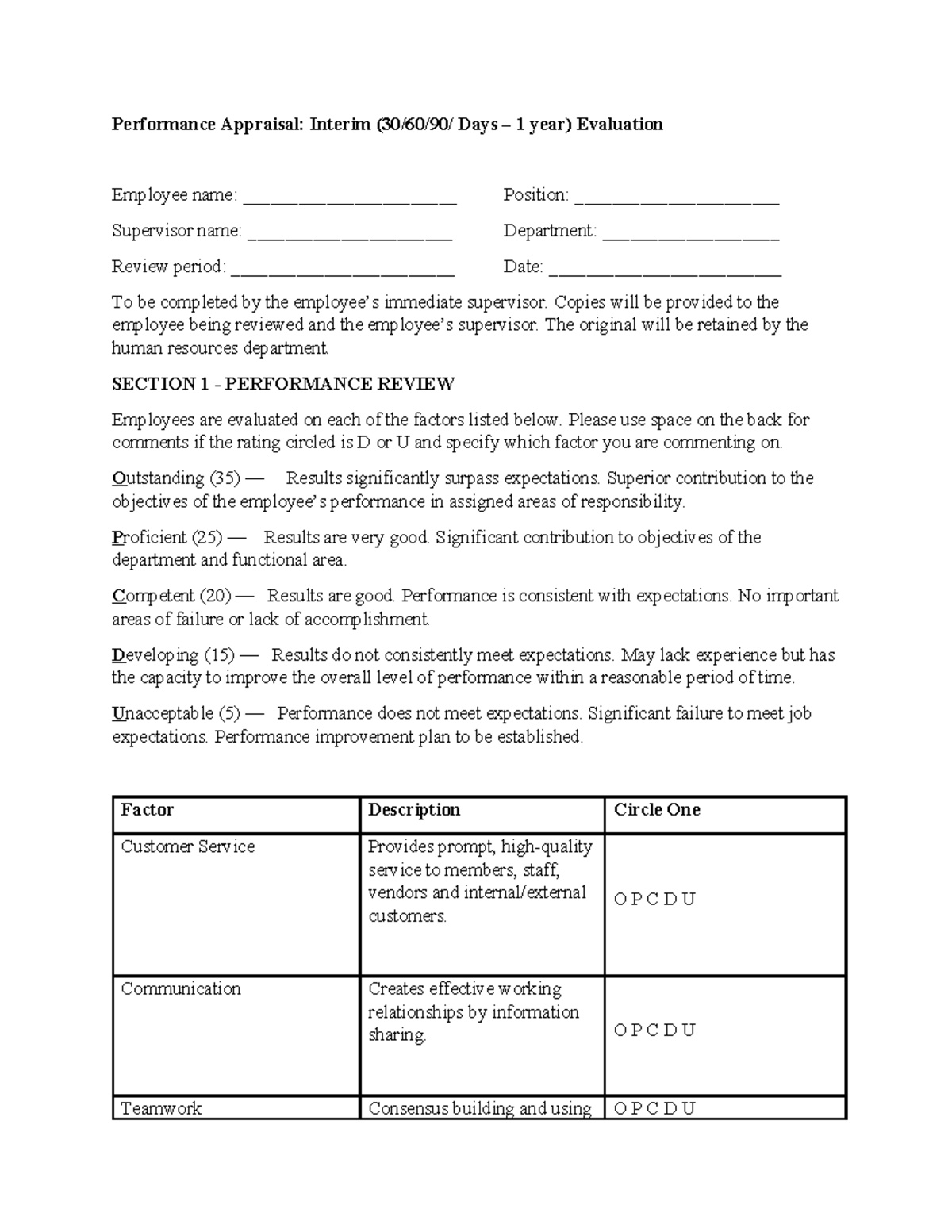 Performance Appraisal: Interim Evaluation (1 Year) Document - Studocu