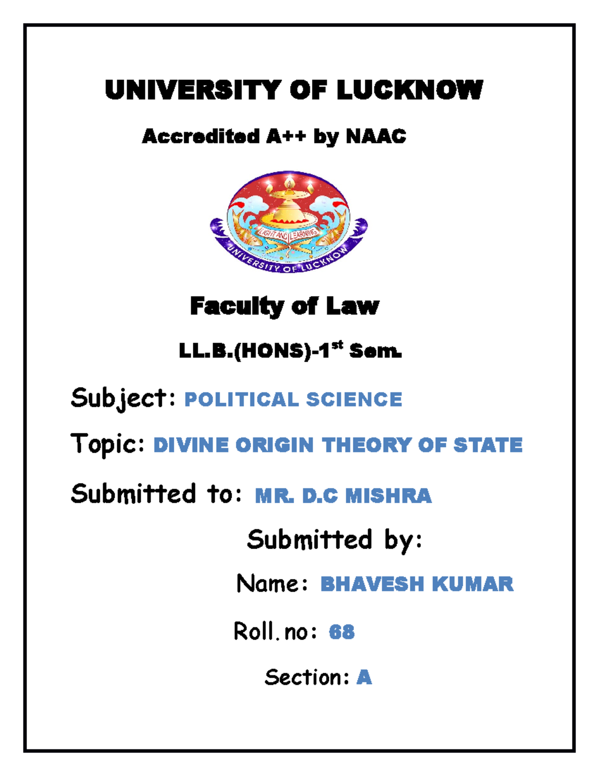 Political Science Assignment: Divine Origin Theory of State (LLB 1st ...