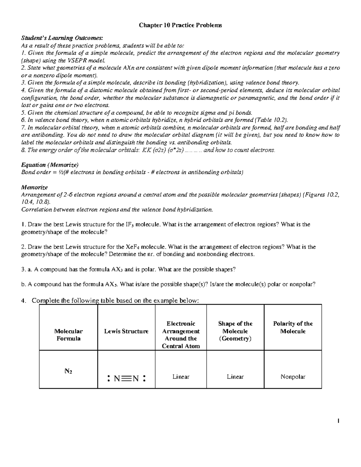Chapter 10 Practice Problems - Chapter 10 Practice Problems Student’s Learning Outcomes: As a ...