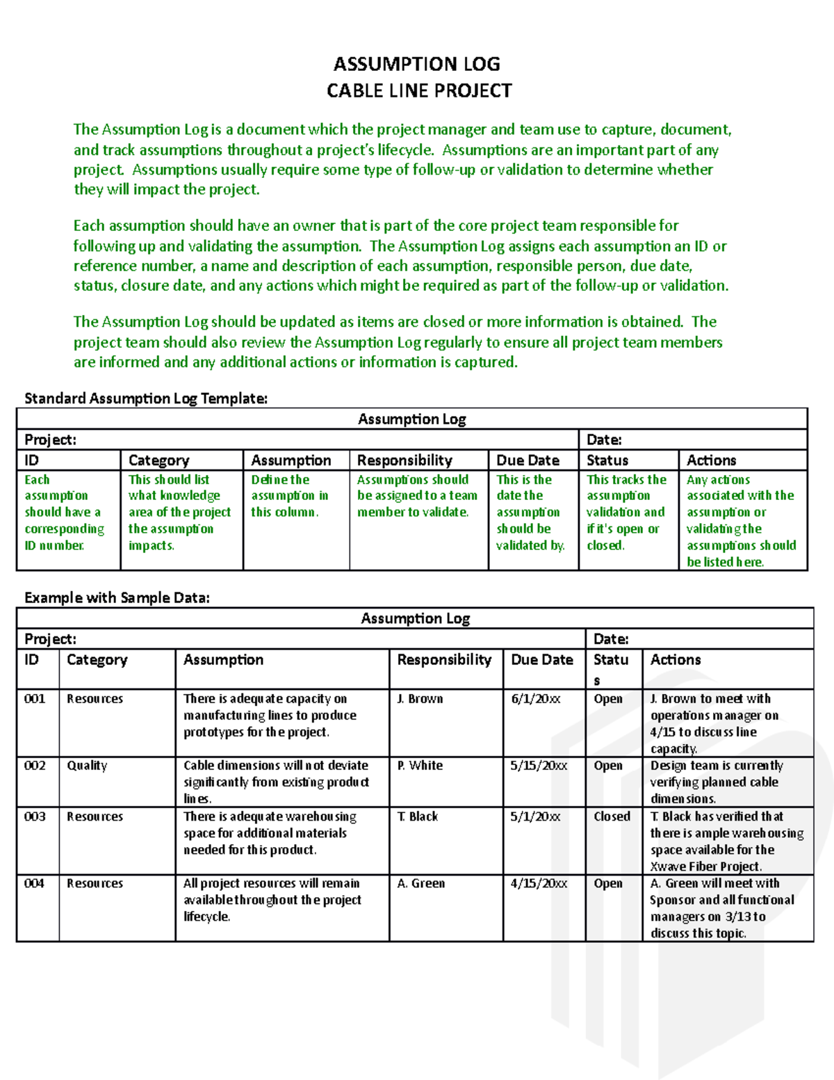 Sample - Assumption Log - ASSUMPTION LOG CABLE LINE PROJECT The ...
