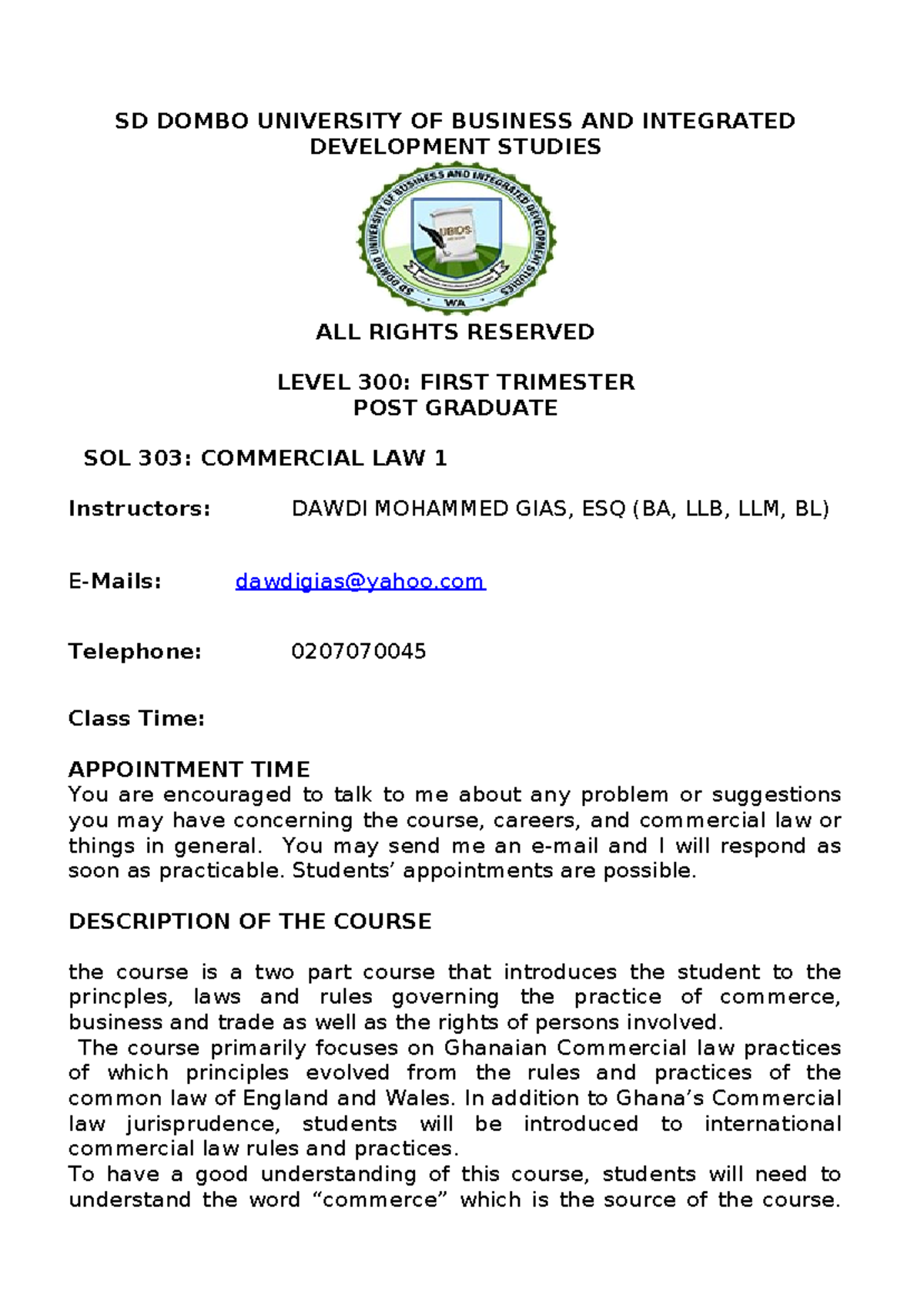 2025 Commercial LAW - full note - SD DOMBO UNIVERSITY OF BUSINESS AND ...