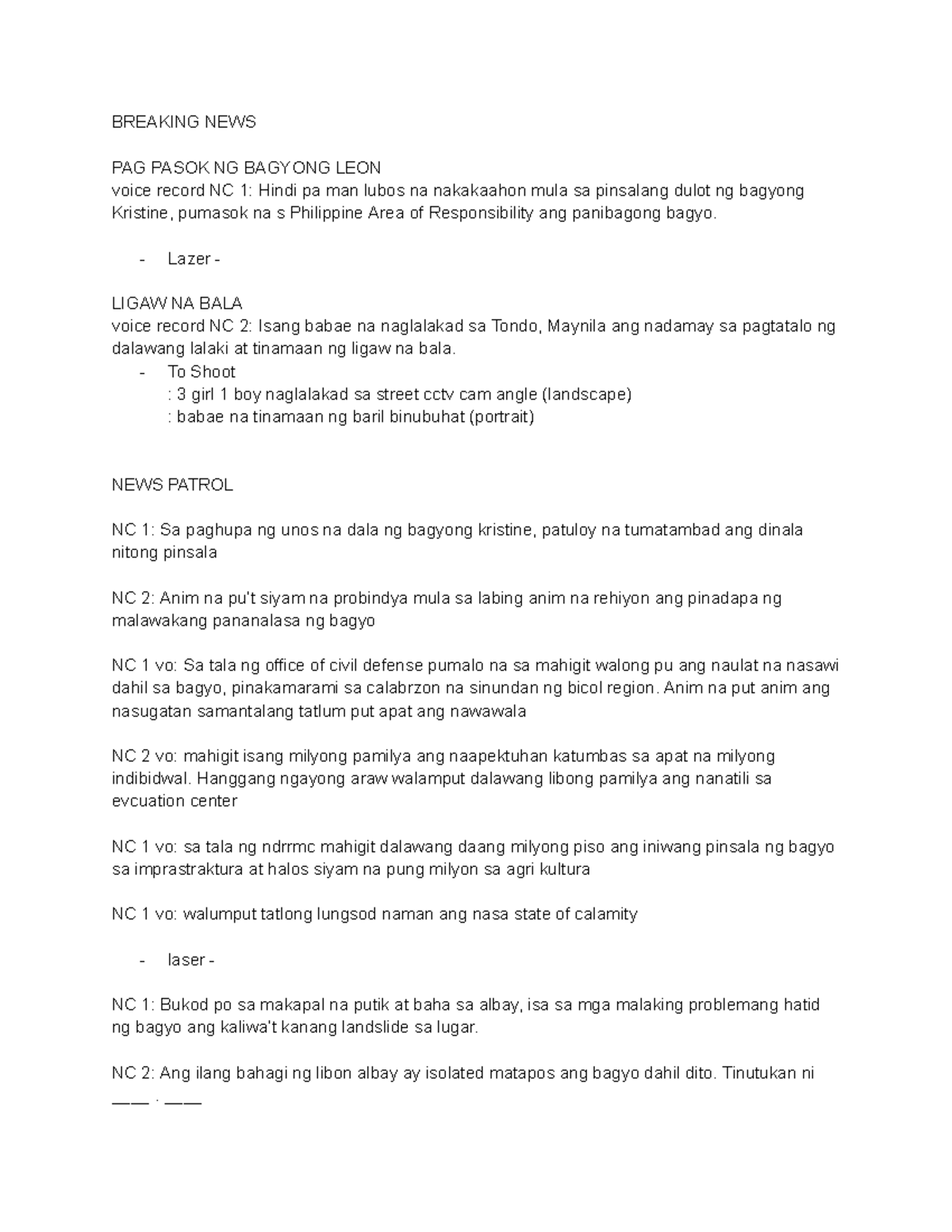 NEWS REPORT SCRIPT: Bagyong Kristine at Ligaw na Bala sa Maynila - Studocu