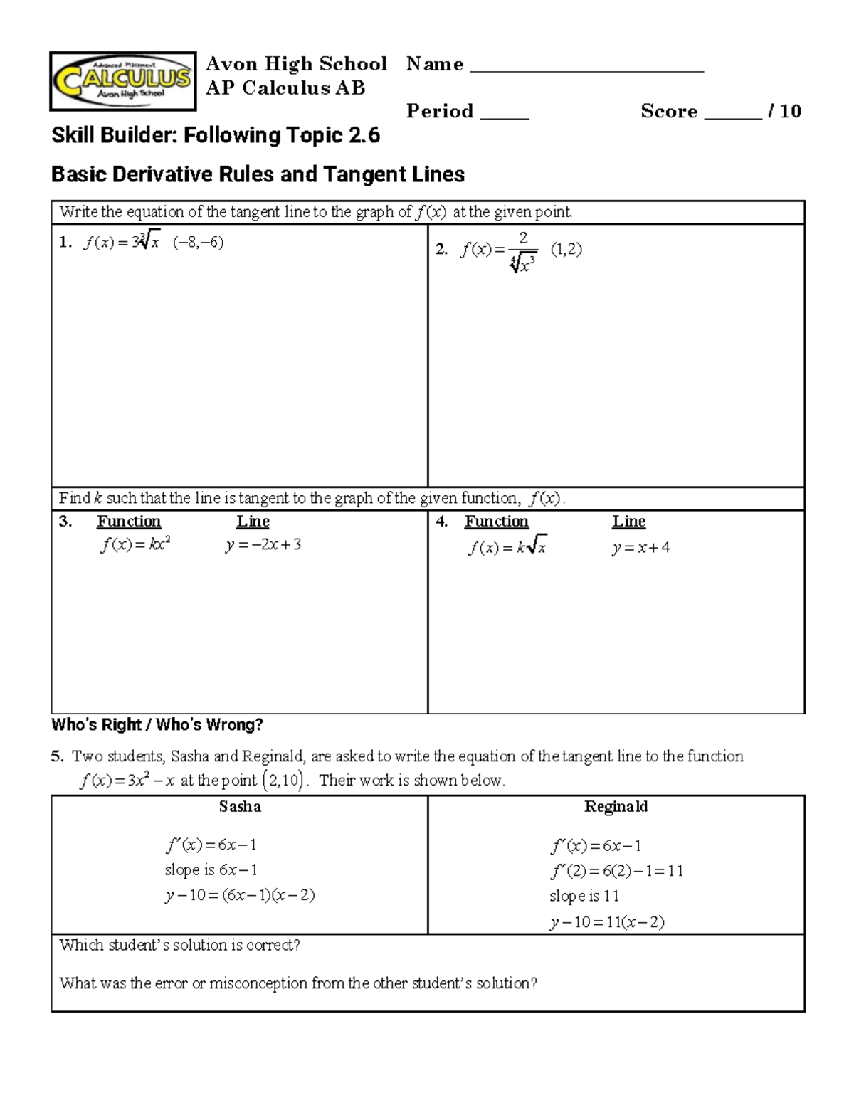 AP Calculus AB: Topic 2.6 - Derivative Rules & Tangent Lines - Studocu
