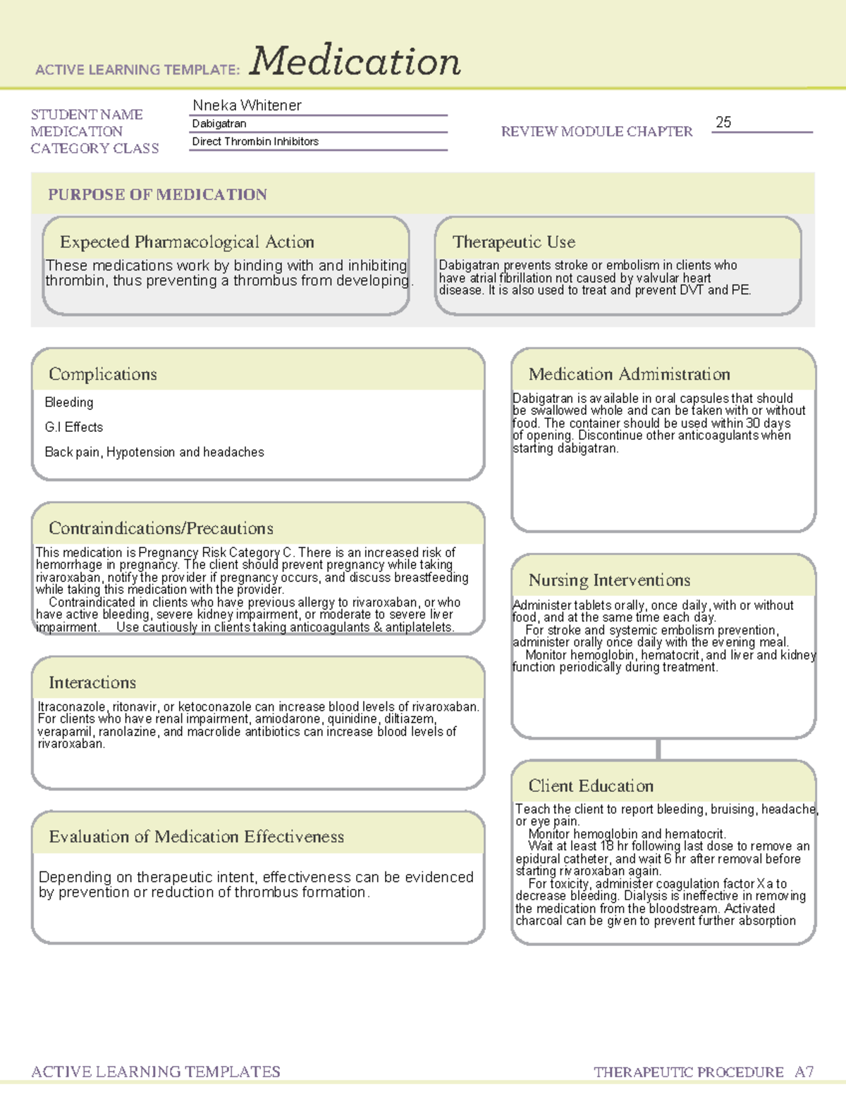 Ati Med Direct Thrombin Inhibitors - STUDENT NAME MEDICATION REVIEW ...