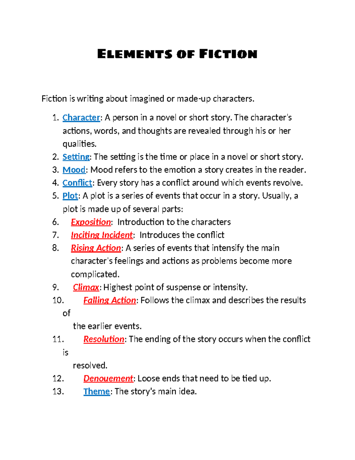 ENG101: Elements of Fiction - Key Concepts and Definitions - Studocu