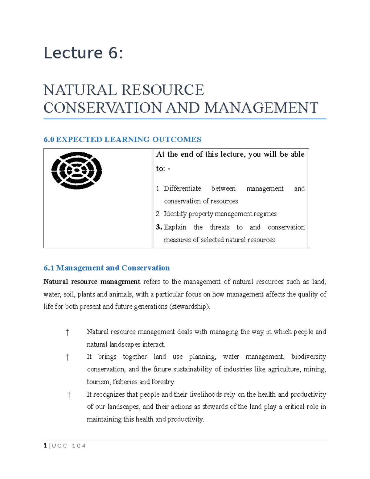 UCC 104 Lecture 6: Natural Resource Conservation & Management - Studocu