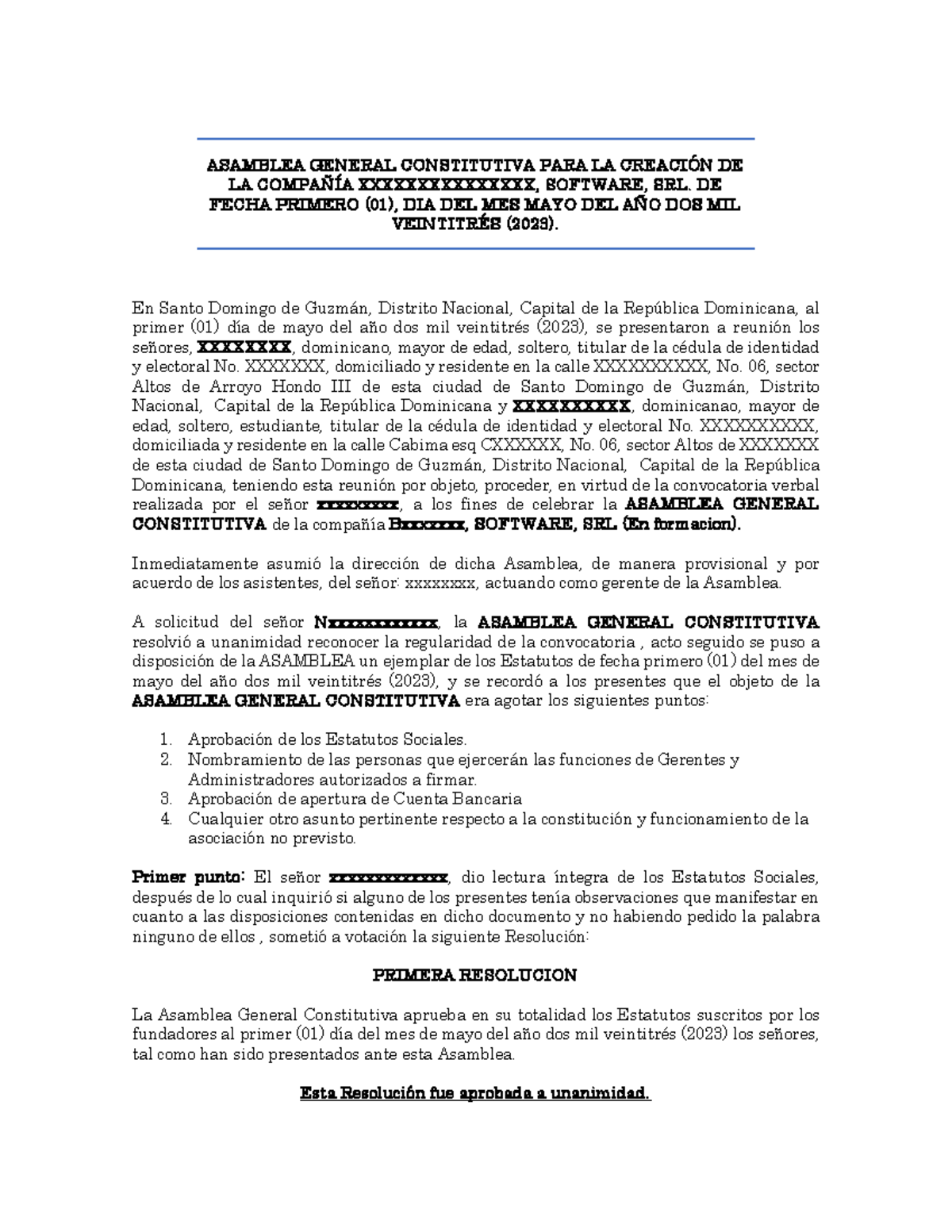 Modelo de Acta - Asamblea General Constitutiva de SOFTWARE, SRL - Studocu