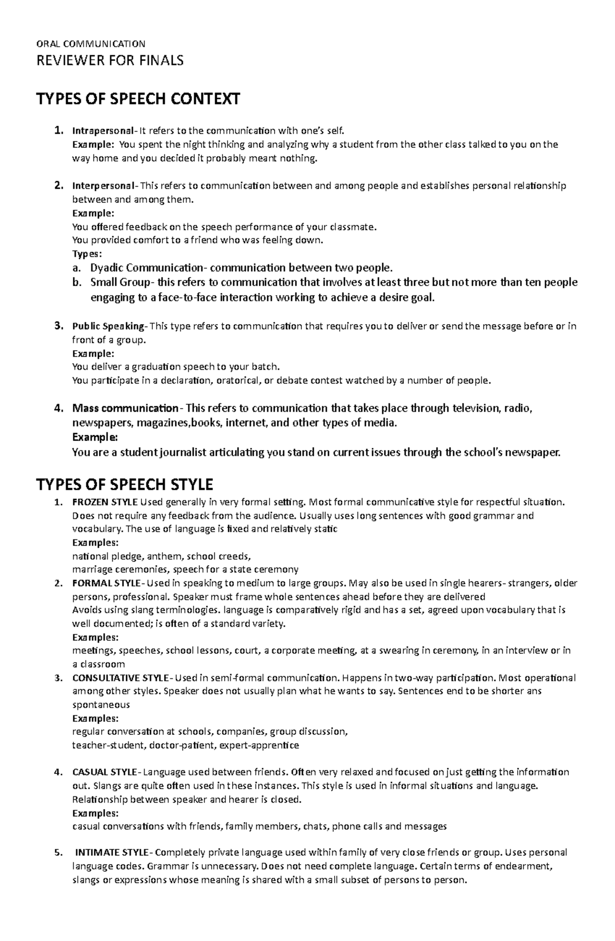 Oral Communication Final Exam Reviewer - Key Speech Concepts - Studocu