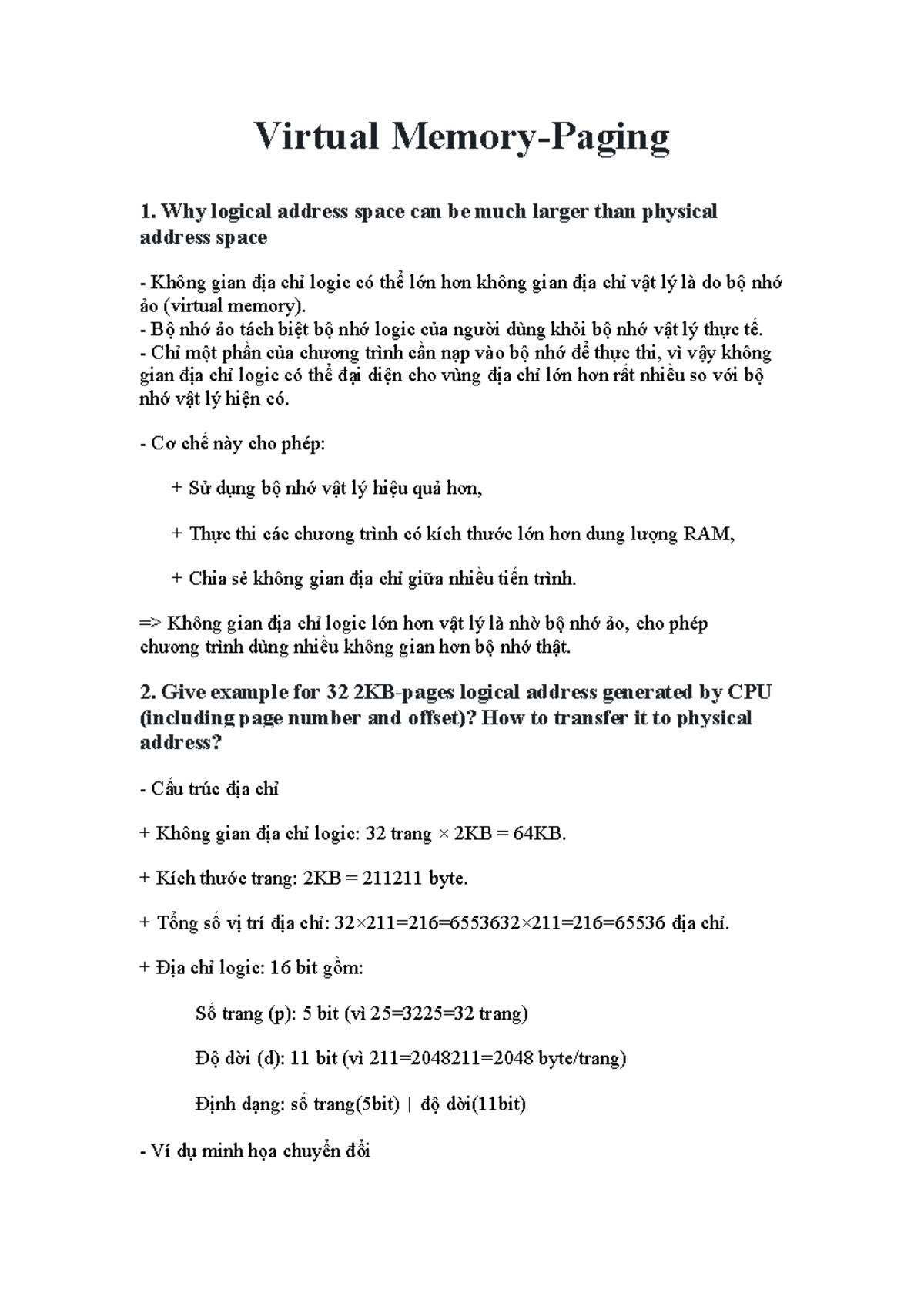 Virtual Memory - Example: Logical vs Physical Address Space - Studocu