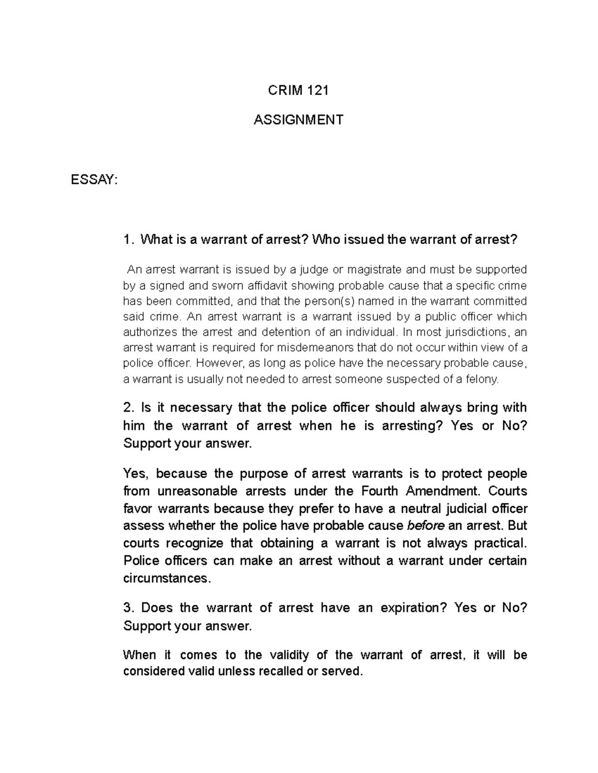 CRIM 121 ASSIGNMENT ESSAY: Understanding Arrest Warrants and Their ...