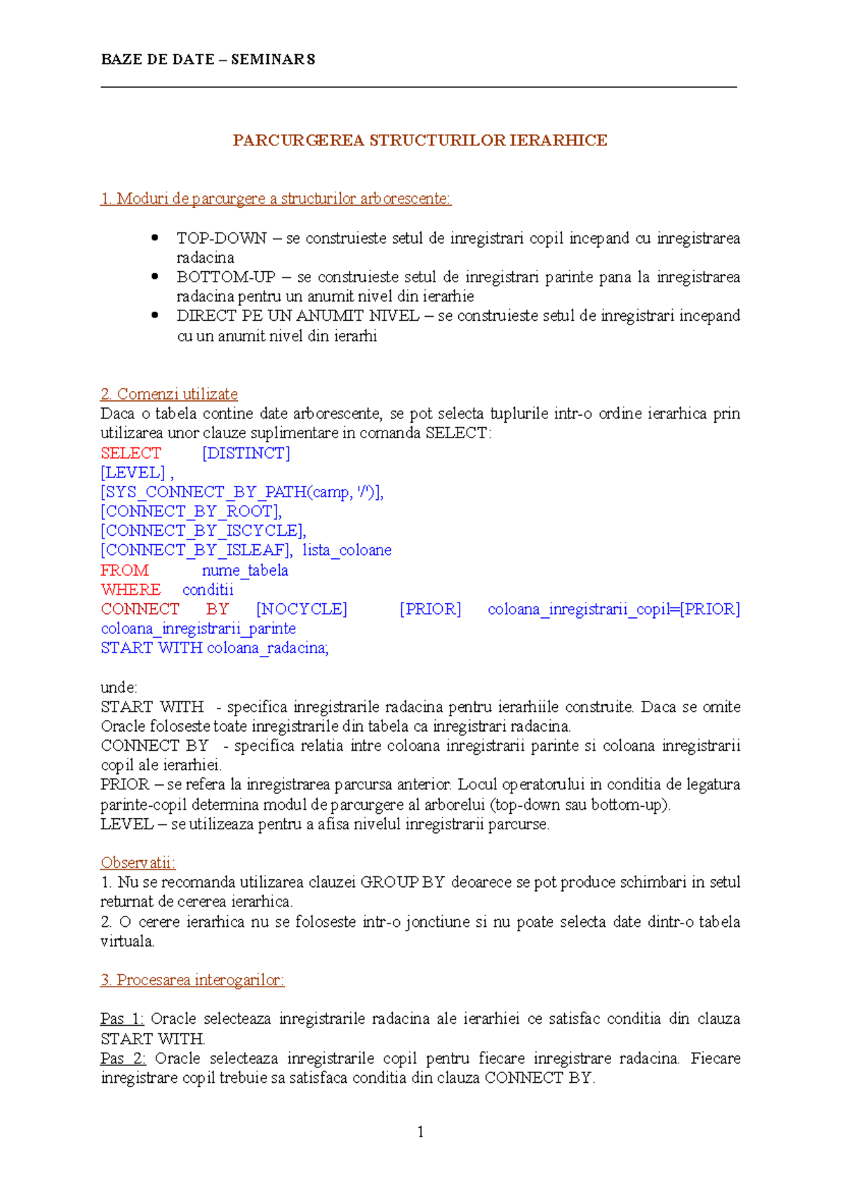 Seminar 8 Structuri ierarhice BAZE DE DATE Adaugat DE MNE - - Studocu