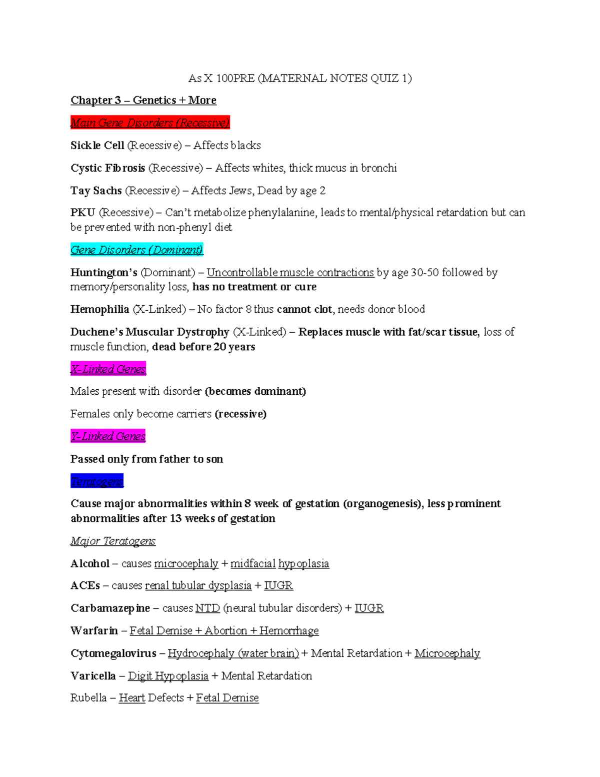 Maternal Notes Quiz 1 (As X 100PRE) - Genetics & Teratogens Overview ...