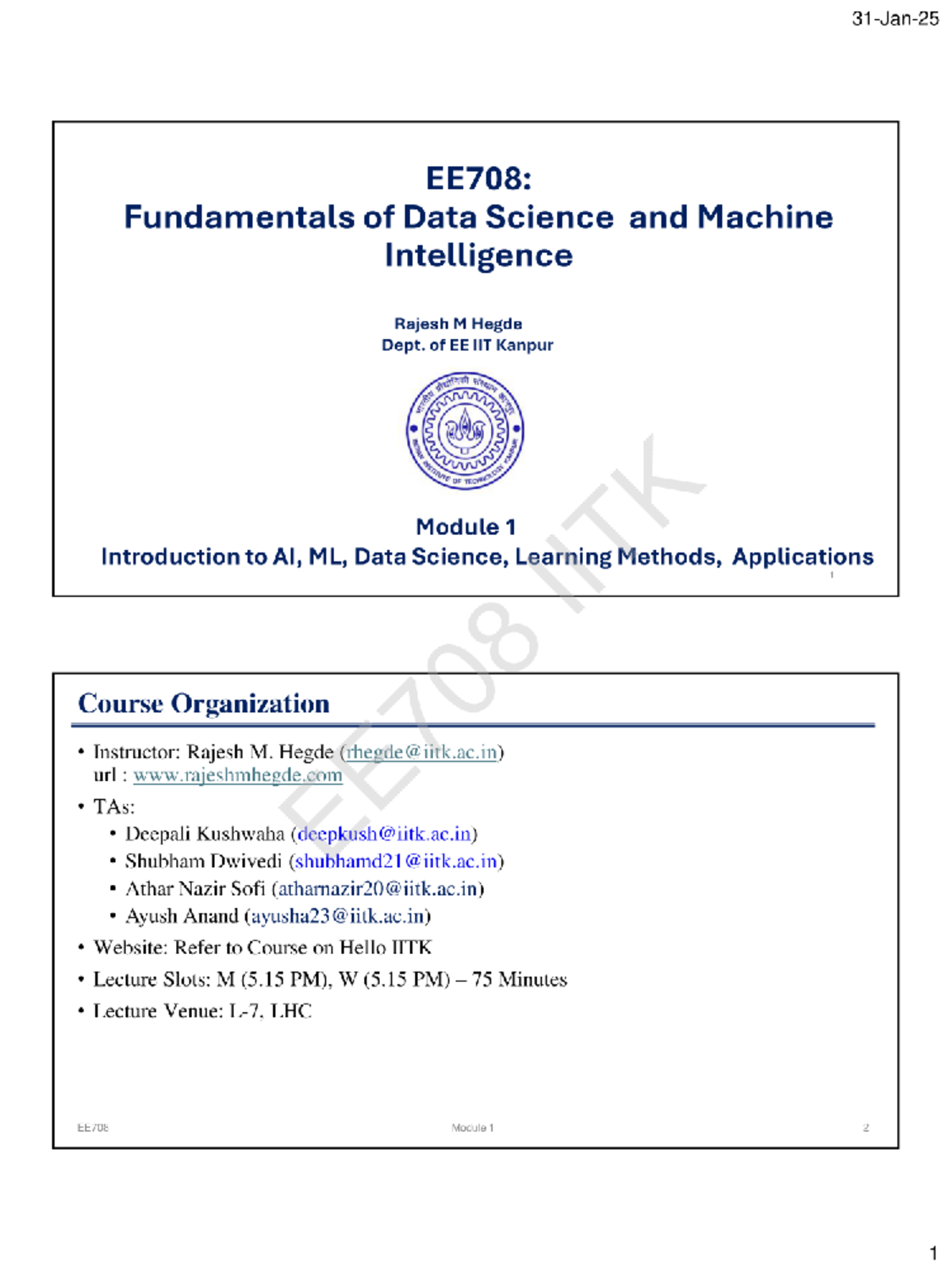 EE708: Introduction to Machine Learning - Module 1 Overview - Studocu