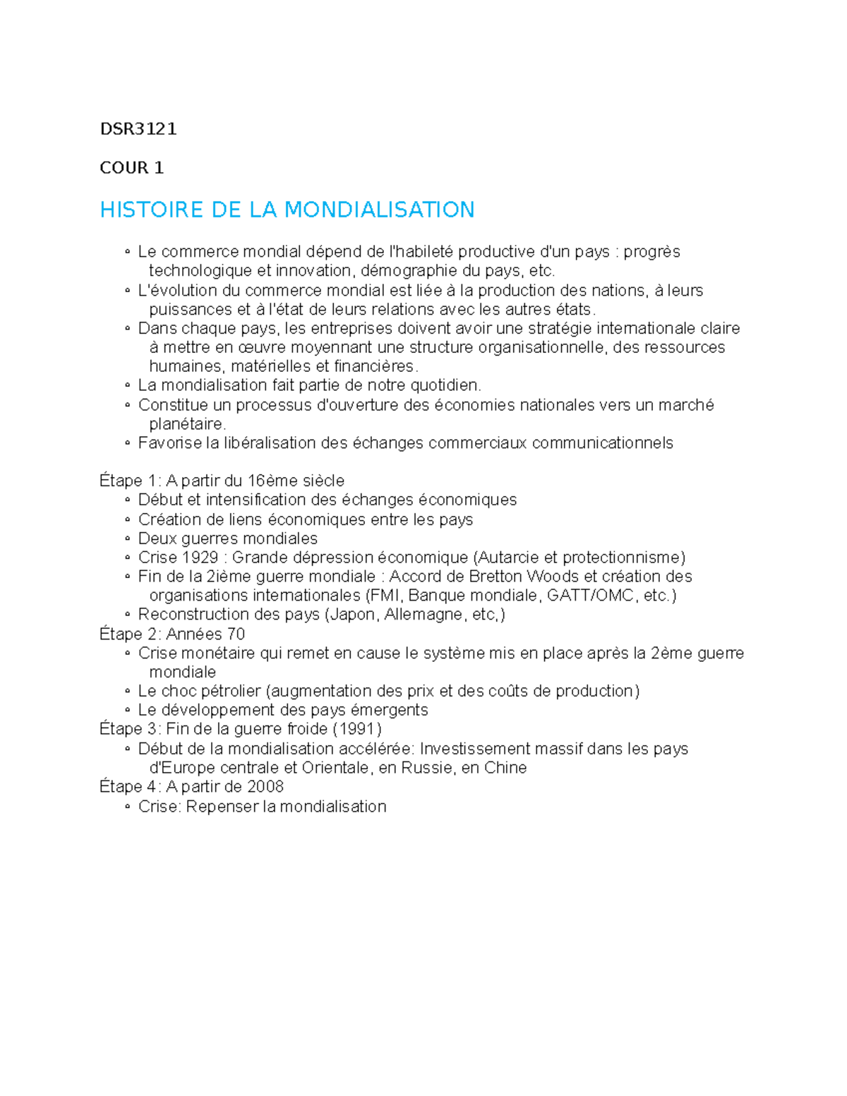 DSR3121 Cours 1 : Histoire de la Mondialisation et Commerce Mondial ...