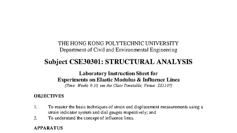 CSE30301: Structural Analysis Lab Instructions on Elastic Modulus ...