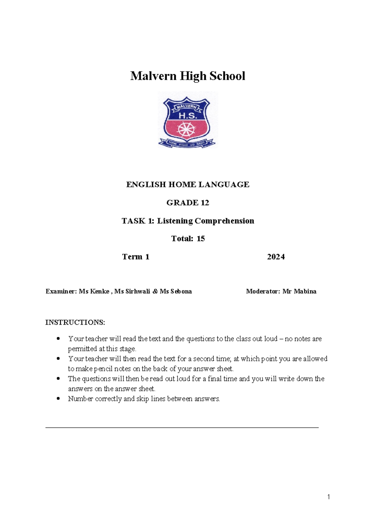 ENGLISH HL GRADE 12 TASK 1: Listening Comprehension 2024 - Studocu