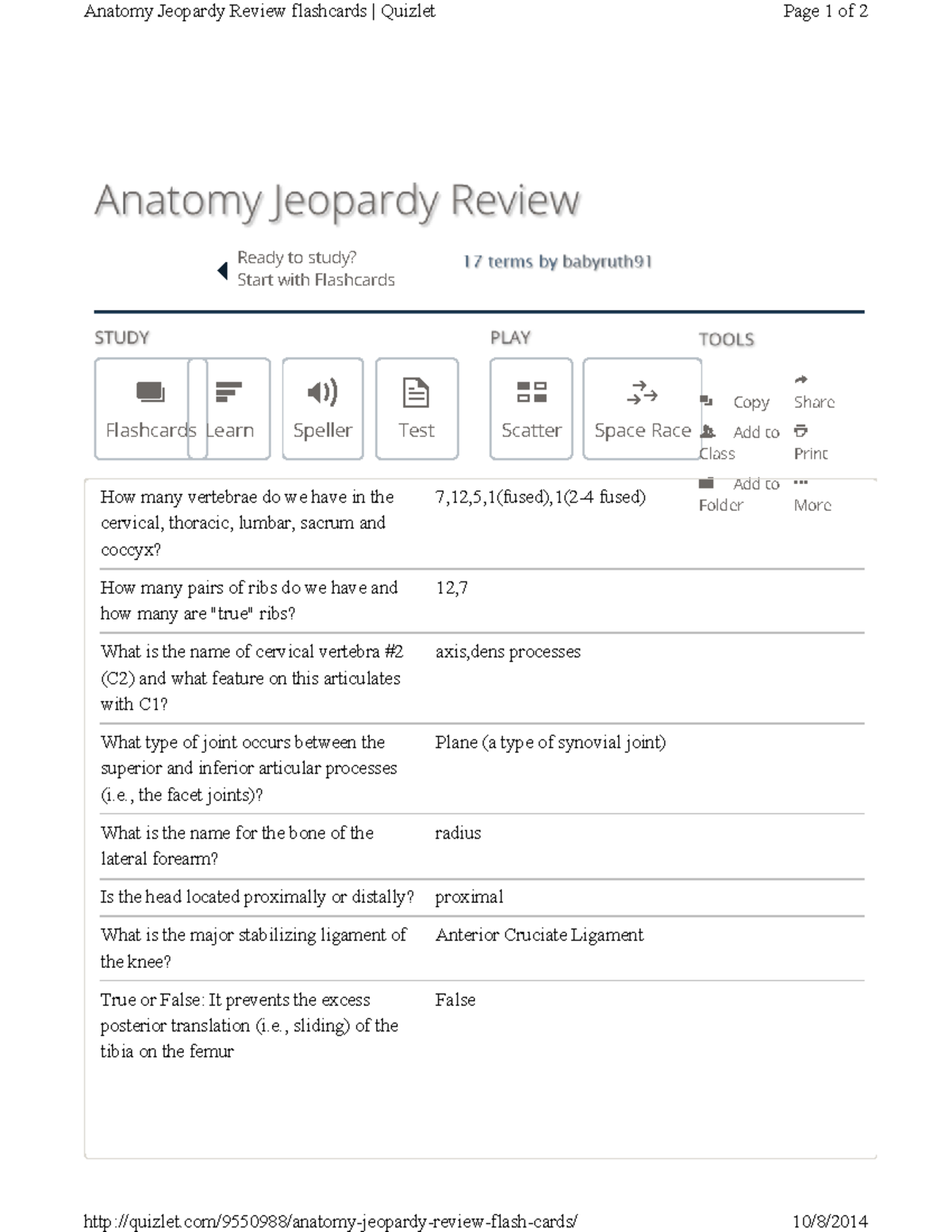 Anatomy Jeopardy Study - Flashcards and Review Questions - Studocu