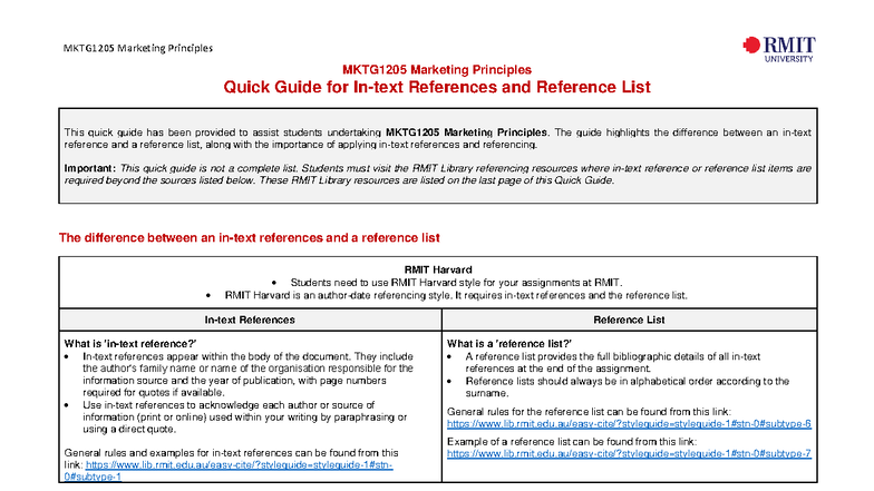 MKTG1205 Quick Guide: In-text References & Reference List - Studocu