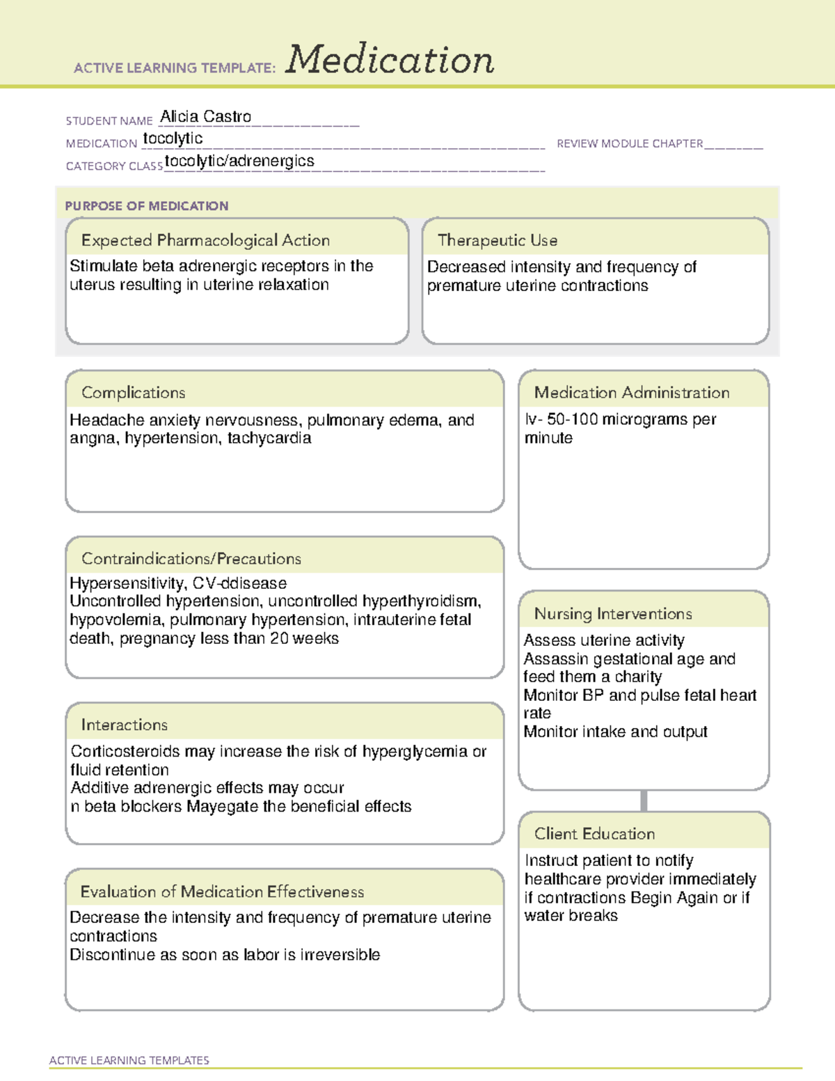 Tocolytic Medication Active Learning Template for Nursing Study - Studocu