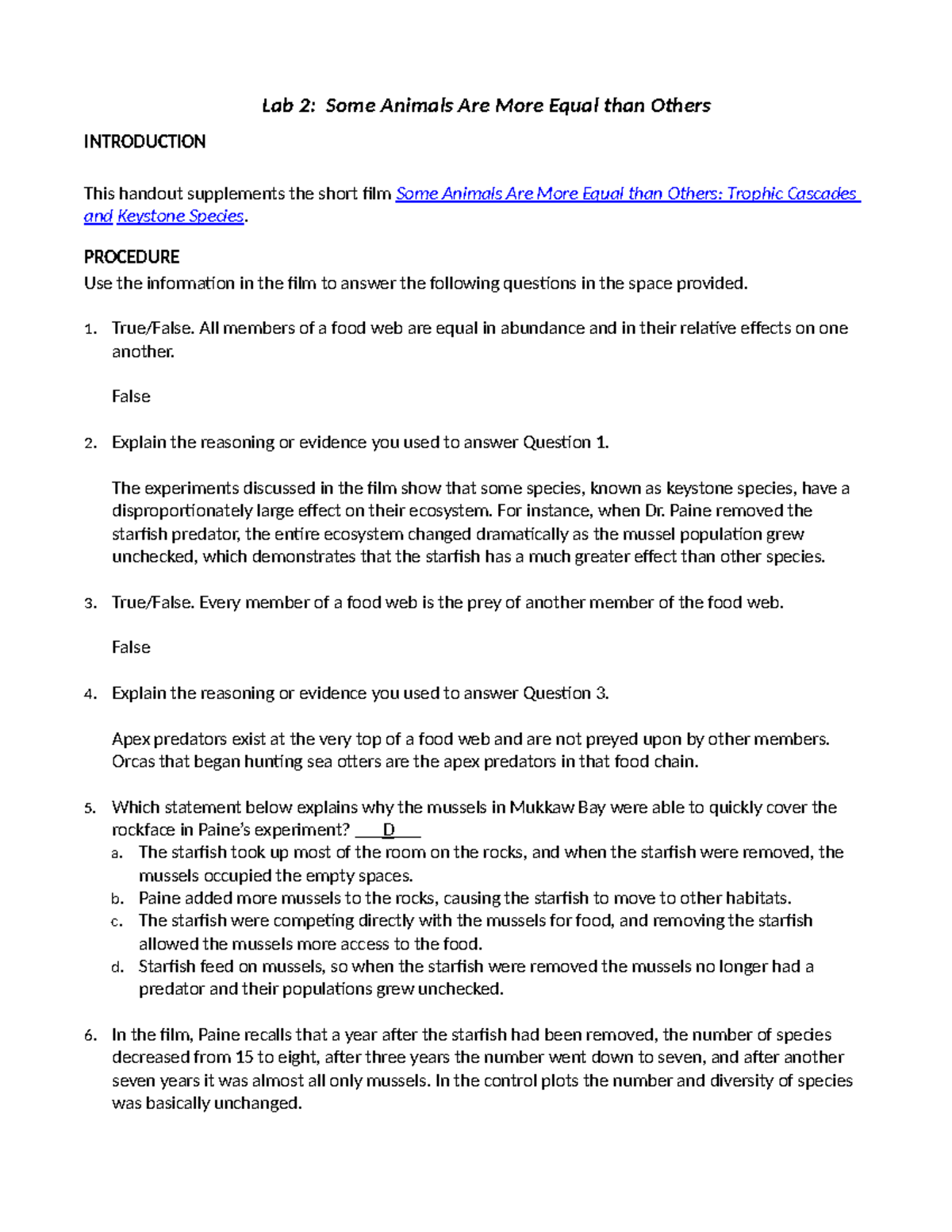 Lab 2: Keystone Species and Trophic Cascades Analysis - Studocu
