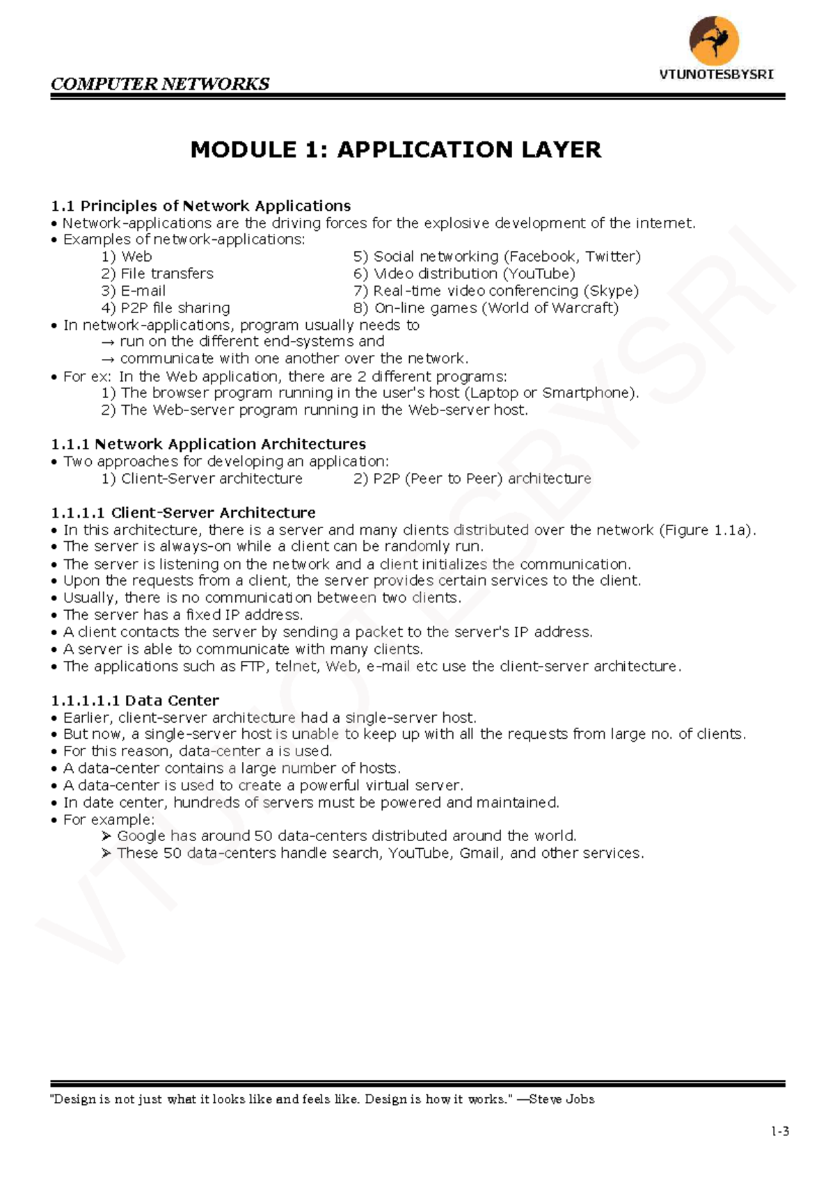 M1 - Notes on module 1 - MODULE 1: APPLICATION LAYER 1 Principles of ...