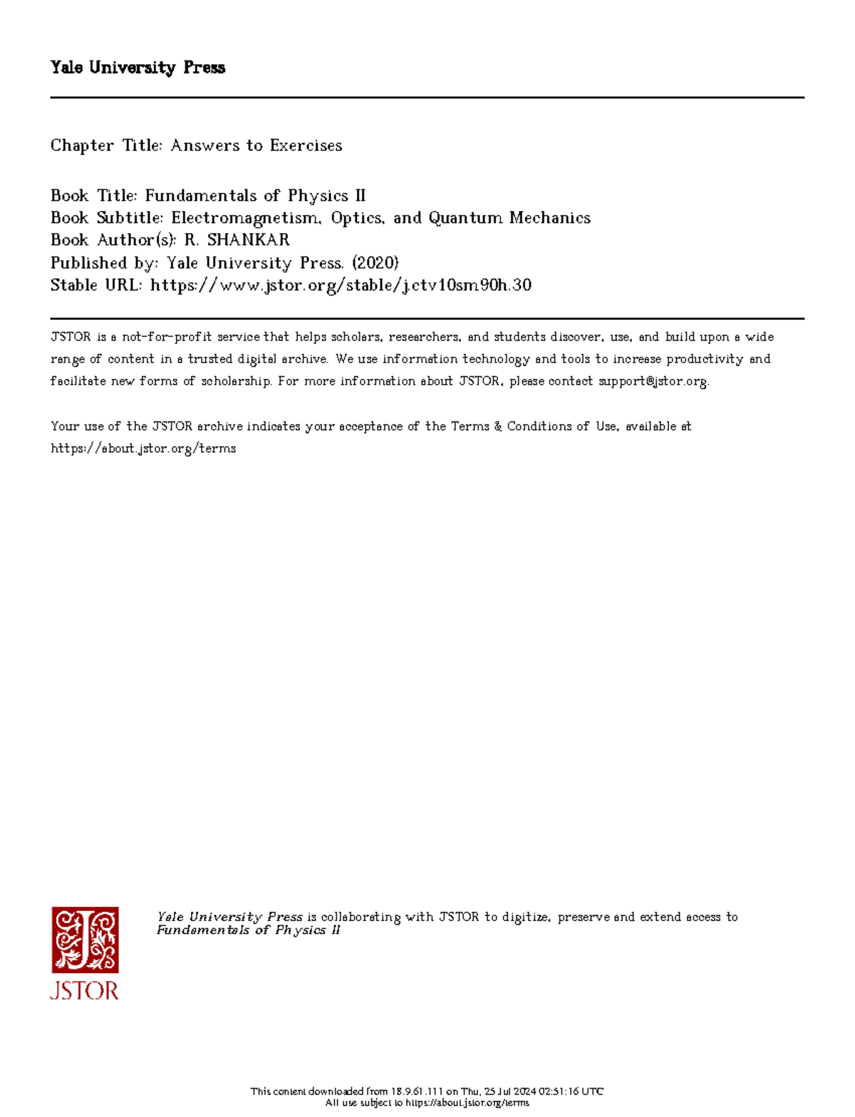 Shankar-Fundamentals of Physics II Problem Sets Exercises-2020 - Studocu