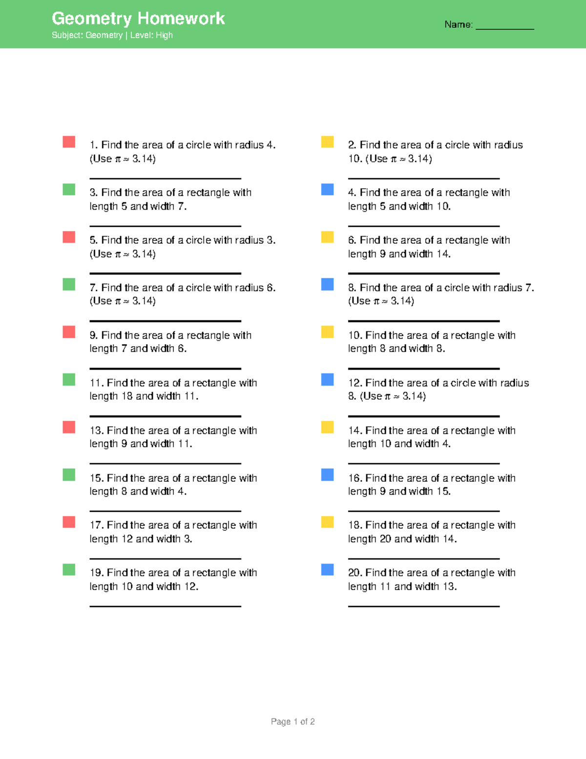 Geometry Homework 4: Area Calculations for Circles & Rectangles - Studocu
