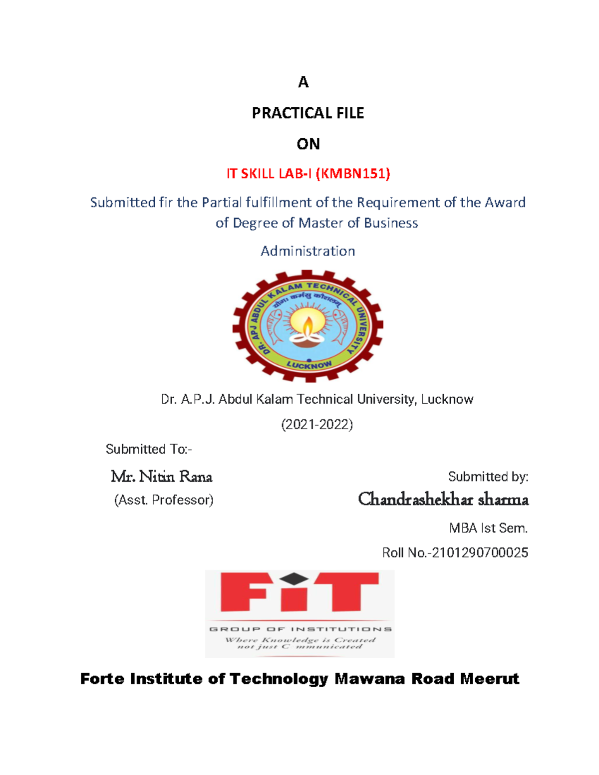 IT Skill Lab-I Project Report (KMBN151) - MBA 3rd Sem Practical File ...