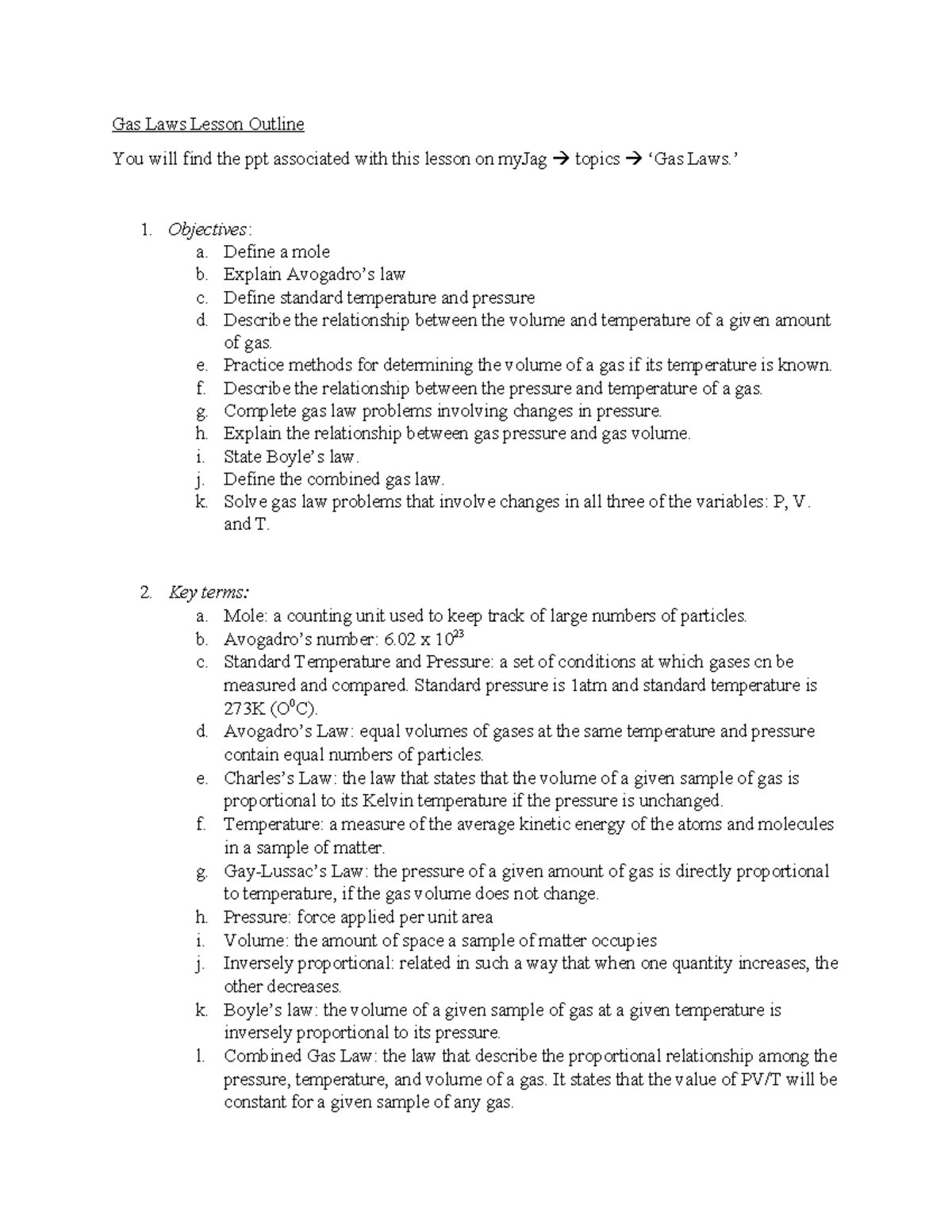 Gas Laws Lesson Outline (CHEM101) - Studocu