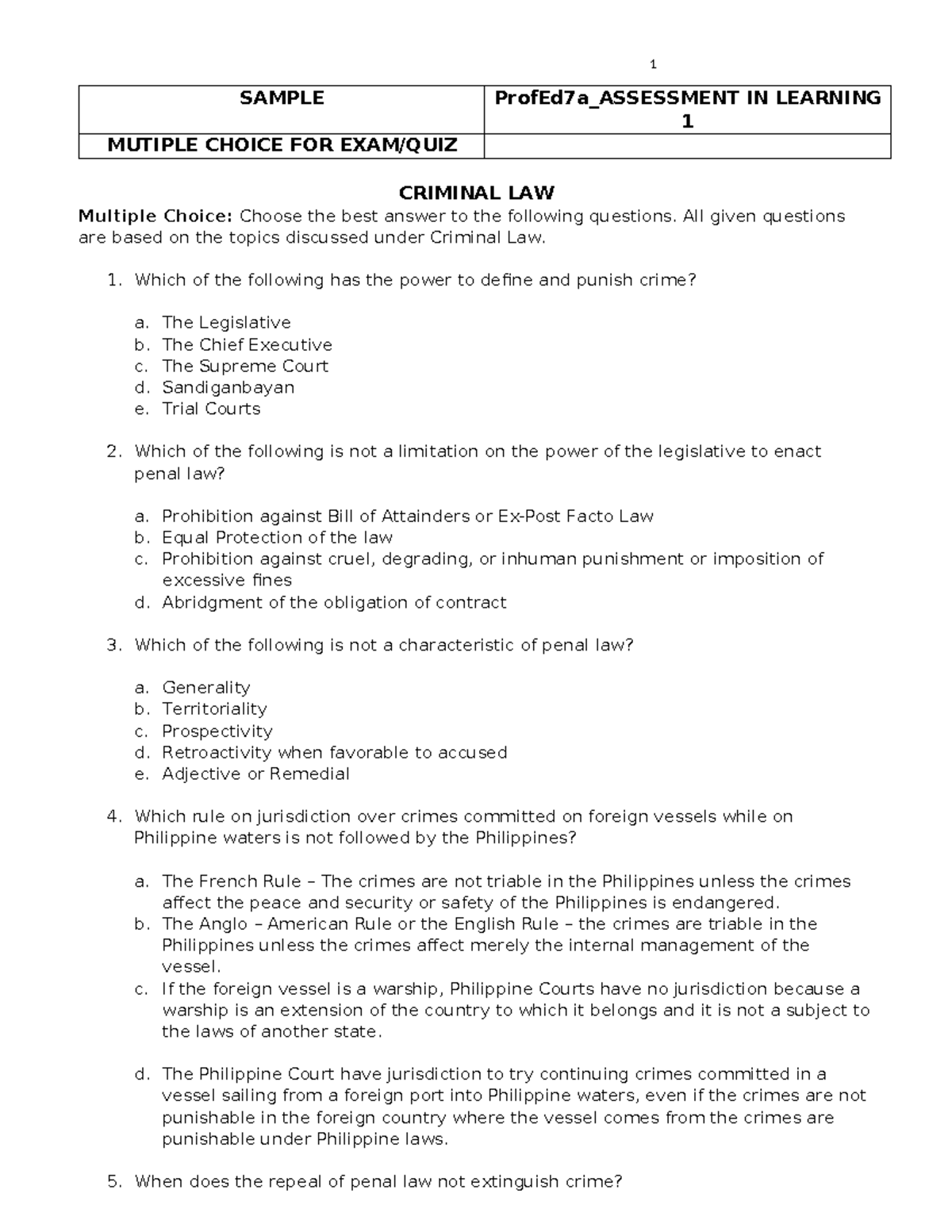 Sample Multiple Choice Questions for ProfEd7a: Assessment in Criminal ...