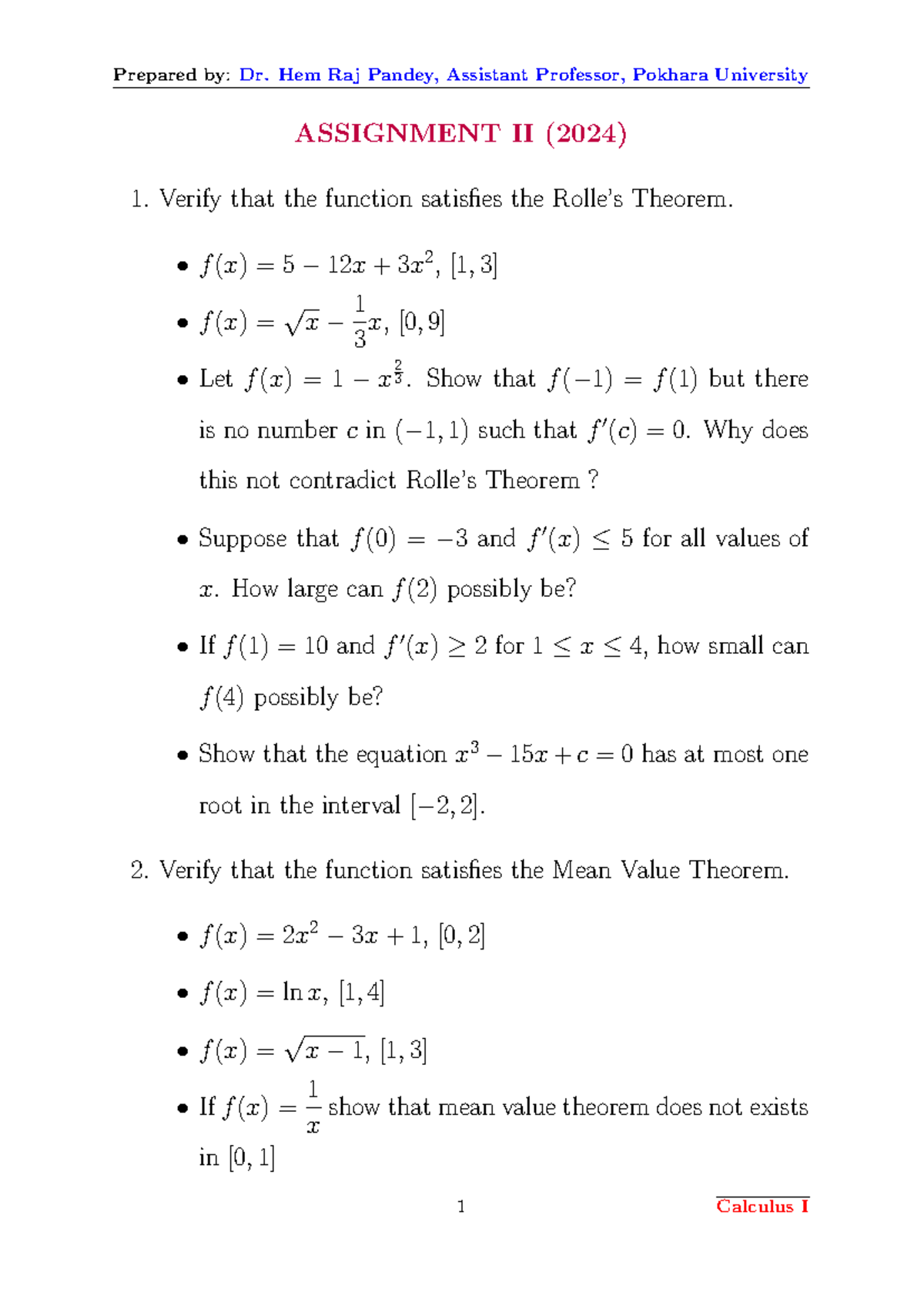 Assignment II - Calculus I (2024) - Mean Value Theorem & Functions ...