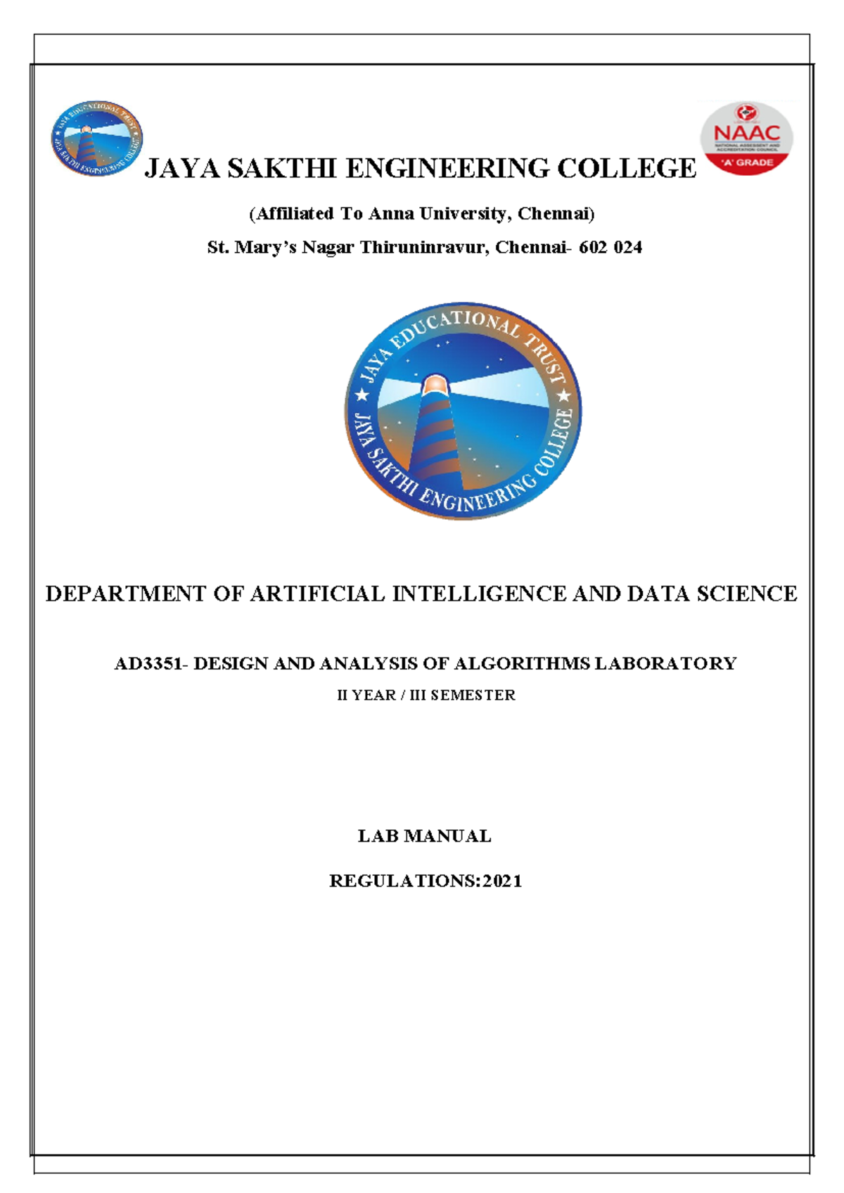 Lab Manual Daa Ad3351 Aiandds Iii Sem Regulation 2021 Jaya Sakthi Engineering College