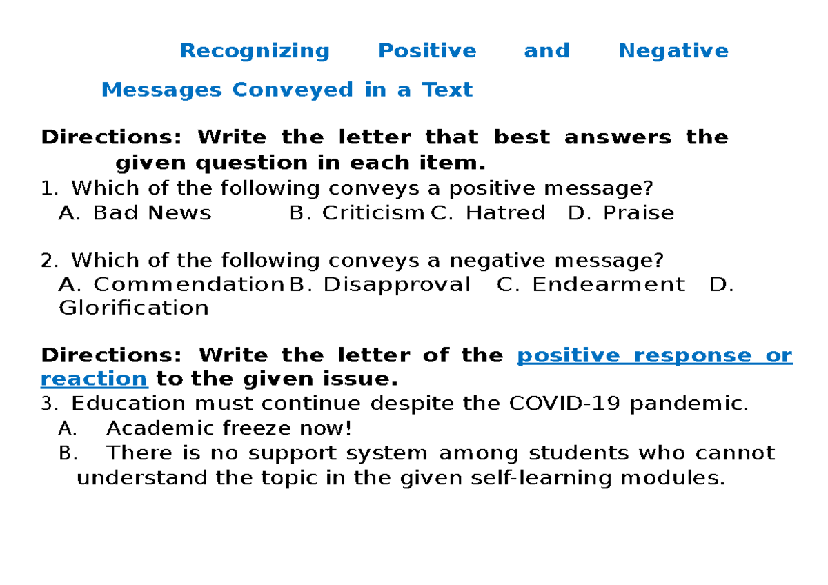 Recognizing positive and negative message quiz - Recognizing Positive and Negative Messages ...