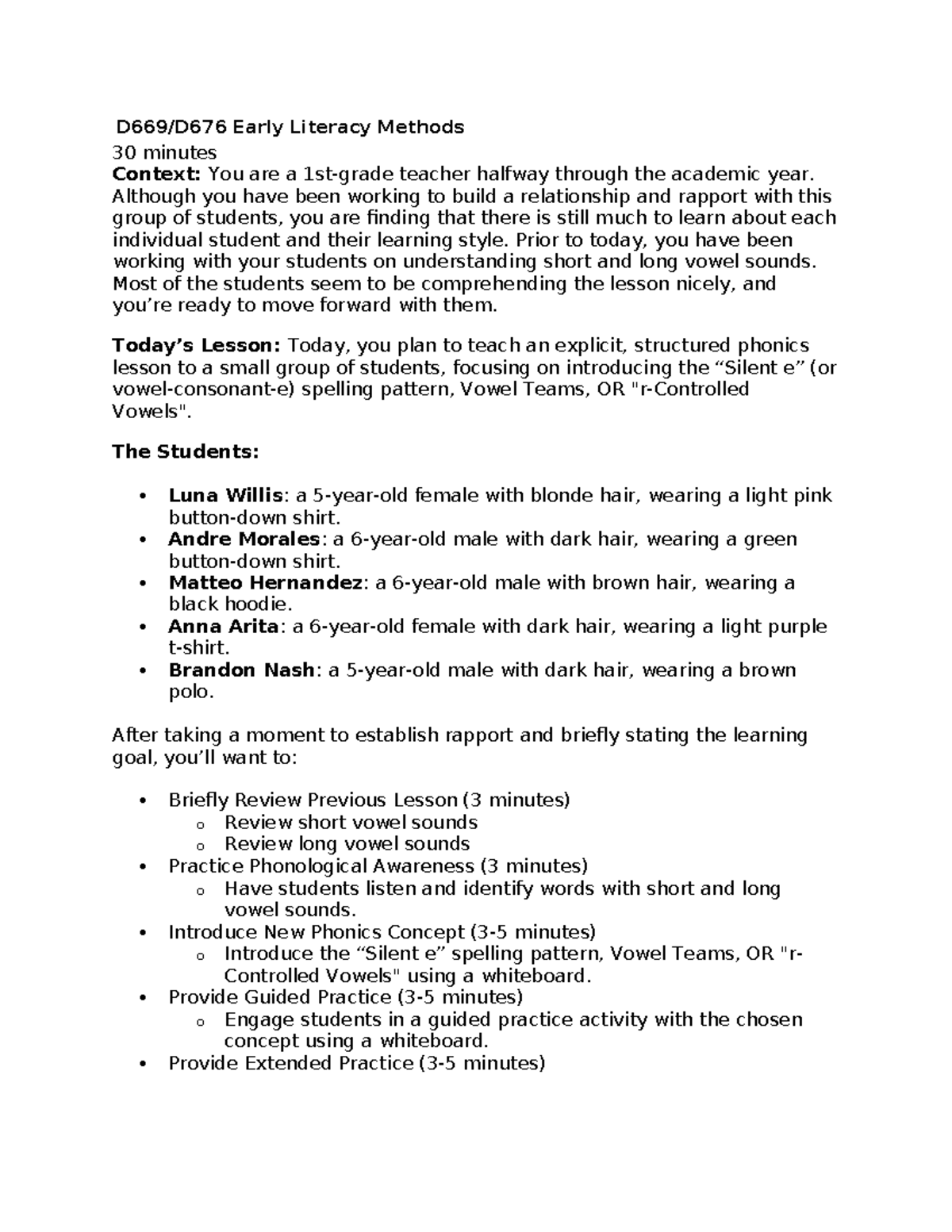 D669 Early Literacy Methods: Teaching "Silent e" Phonics Lesson - Studocu