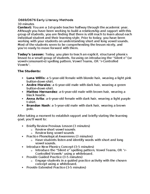 D669 Early Literacy Methods: Teaching "Silent e" Phonics Lesson - Studocu