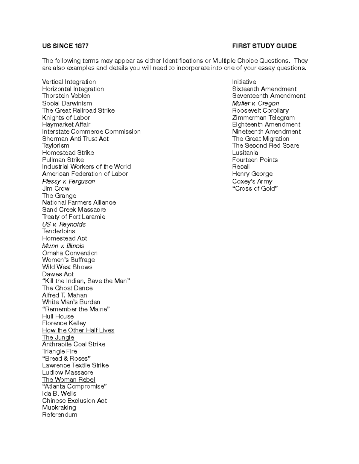 US Since 1877 F25 Exam Study Guide: Key Terms & Essay Insights - Studocu